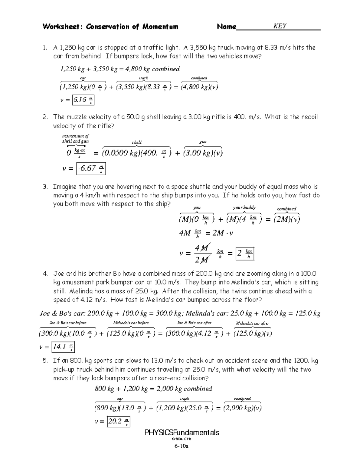 6 10a10b conservation of momentum wkst key - Worksheet: Conservation of ...