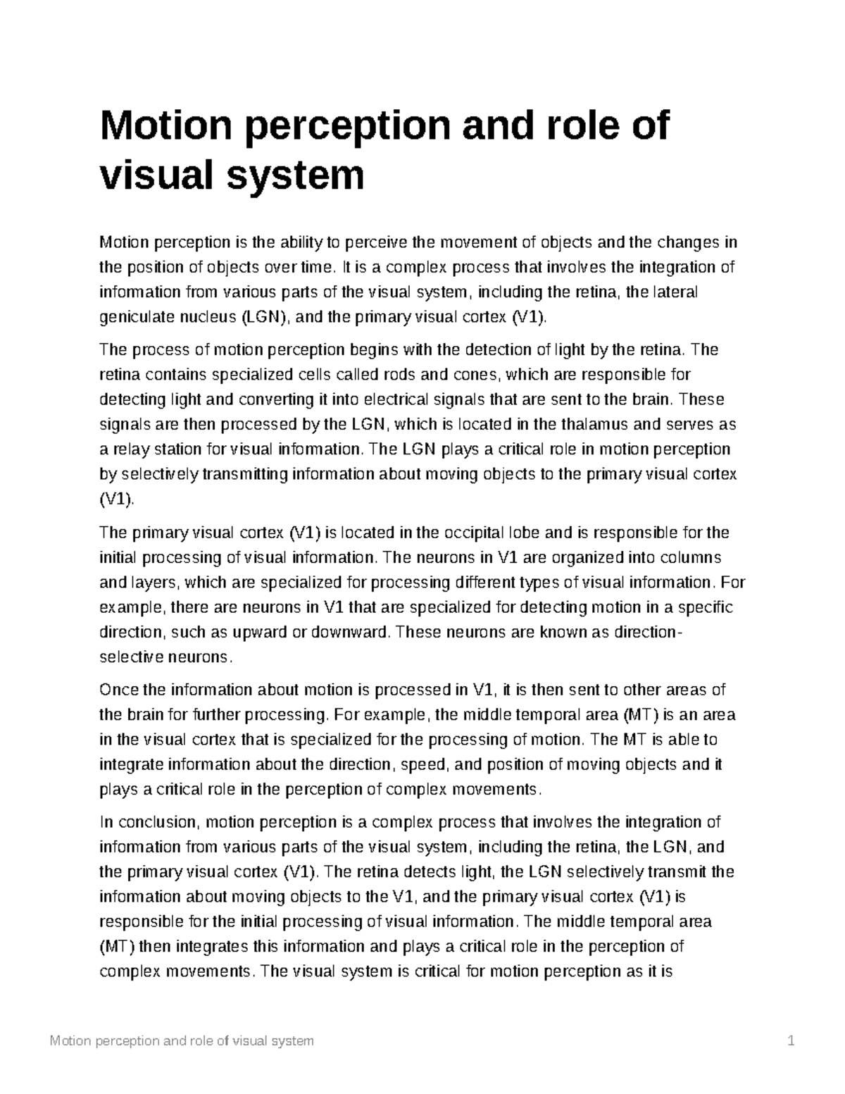 Motion perception and role of visual system - It is a complex process ...