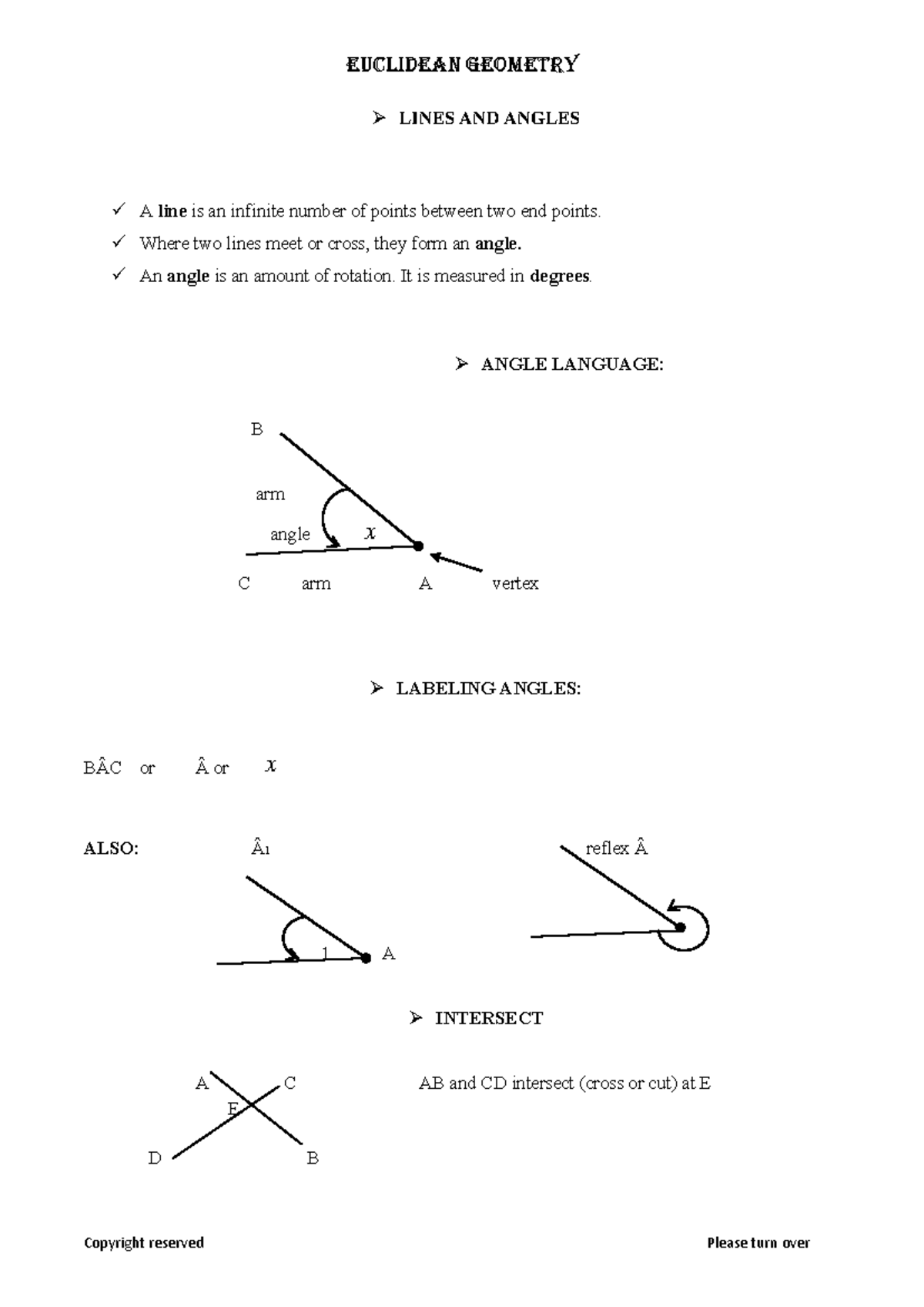 Geometry 101 - Notes - Euclidean geometry LINES AND ANGLES A line is an ...