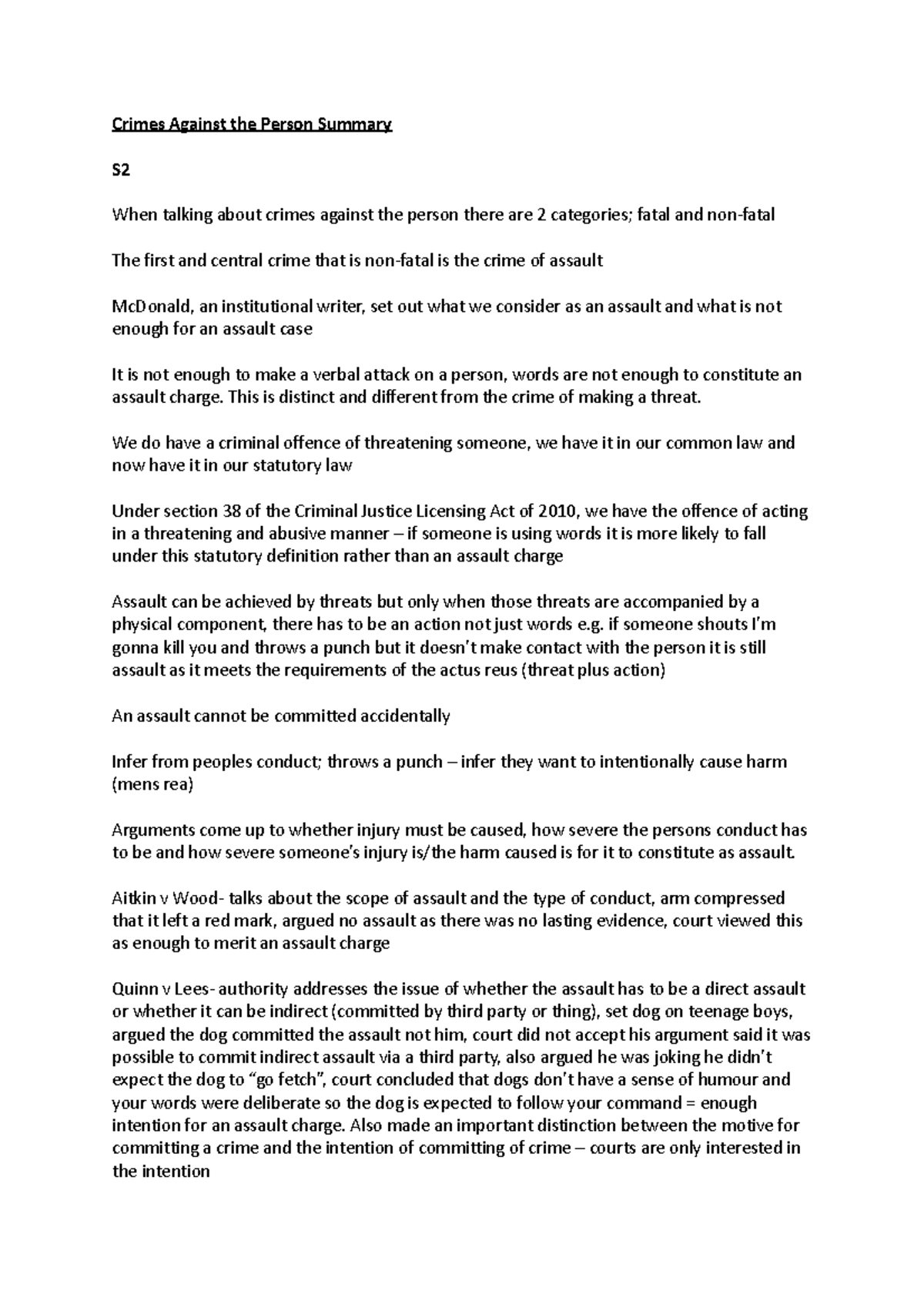 Crimes Against the Person Summary - This is distinct and different from ...