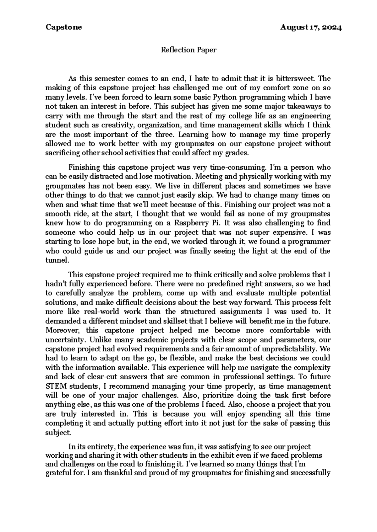 Reflection Paper - Capstone August 17, 2024 Reflection Paper As this ...