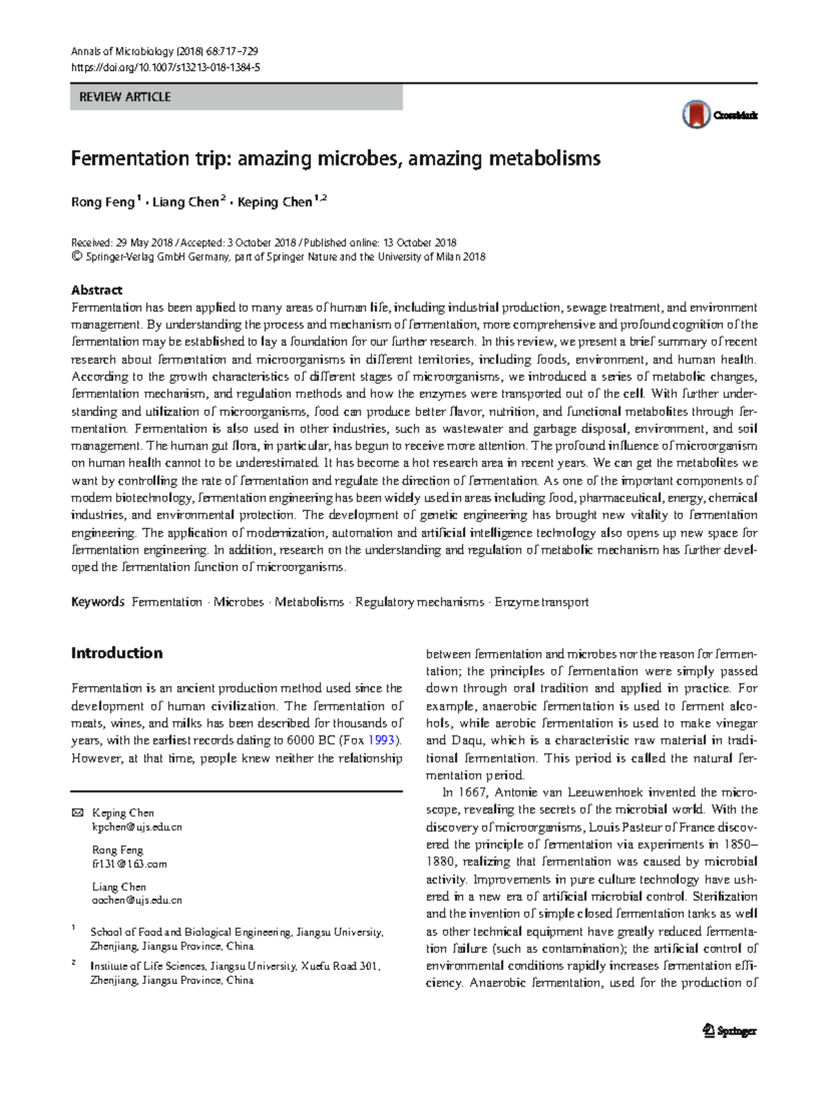 Chen et al. 2018 - Helps with english assignment - REVIEW ARTICLE Fermentation trip: amazing ...