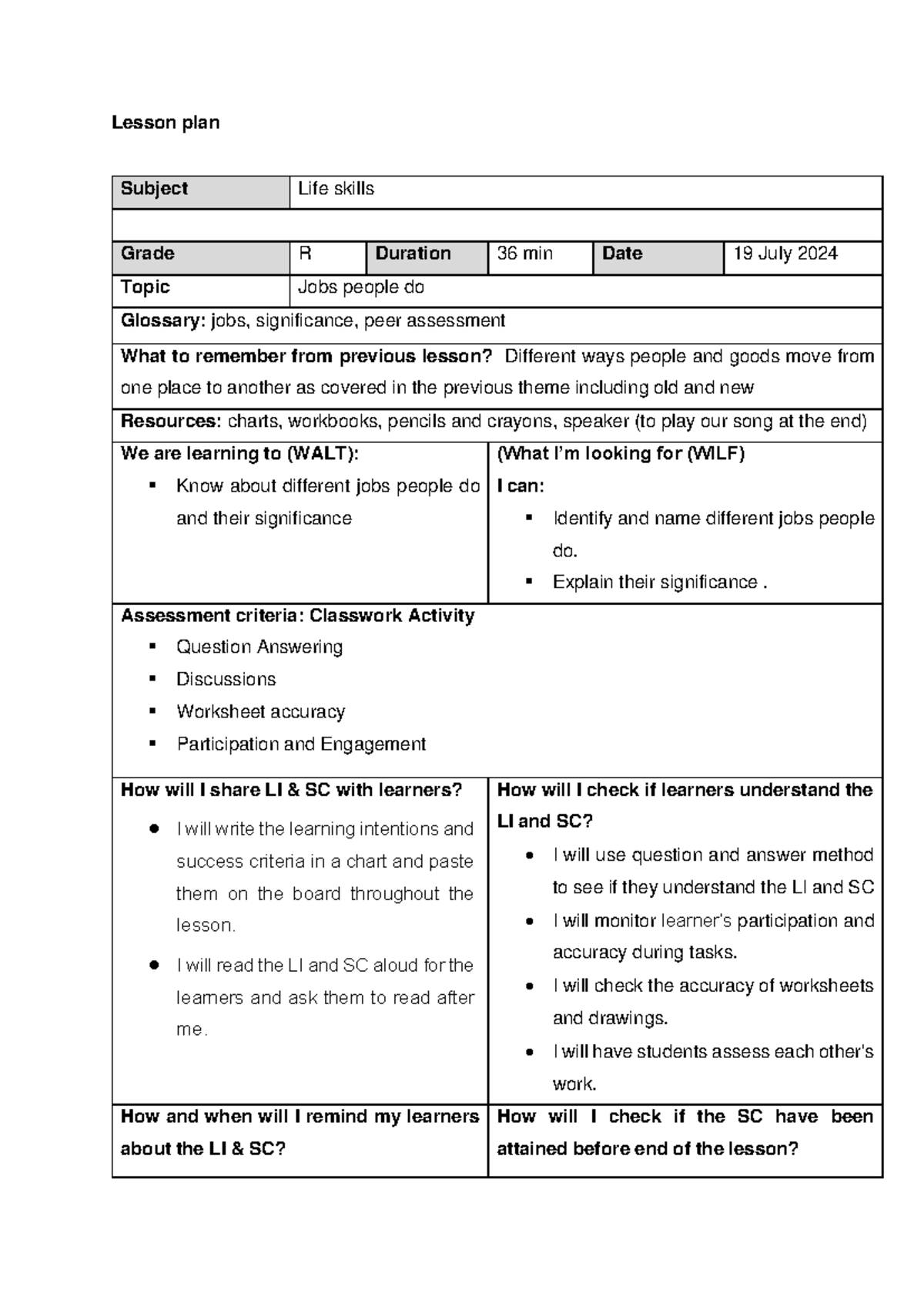 Lesson plan example - Lesson plan Subject Life skills Grade R Duration ...