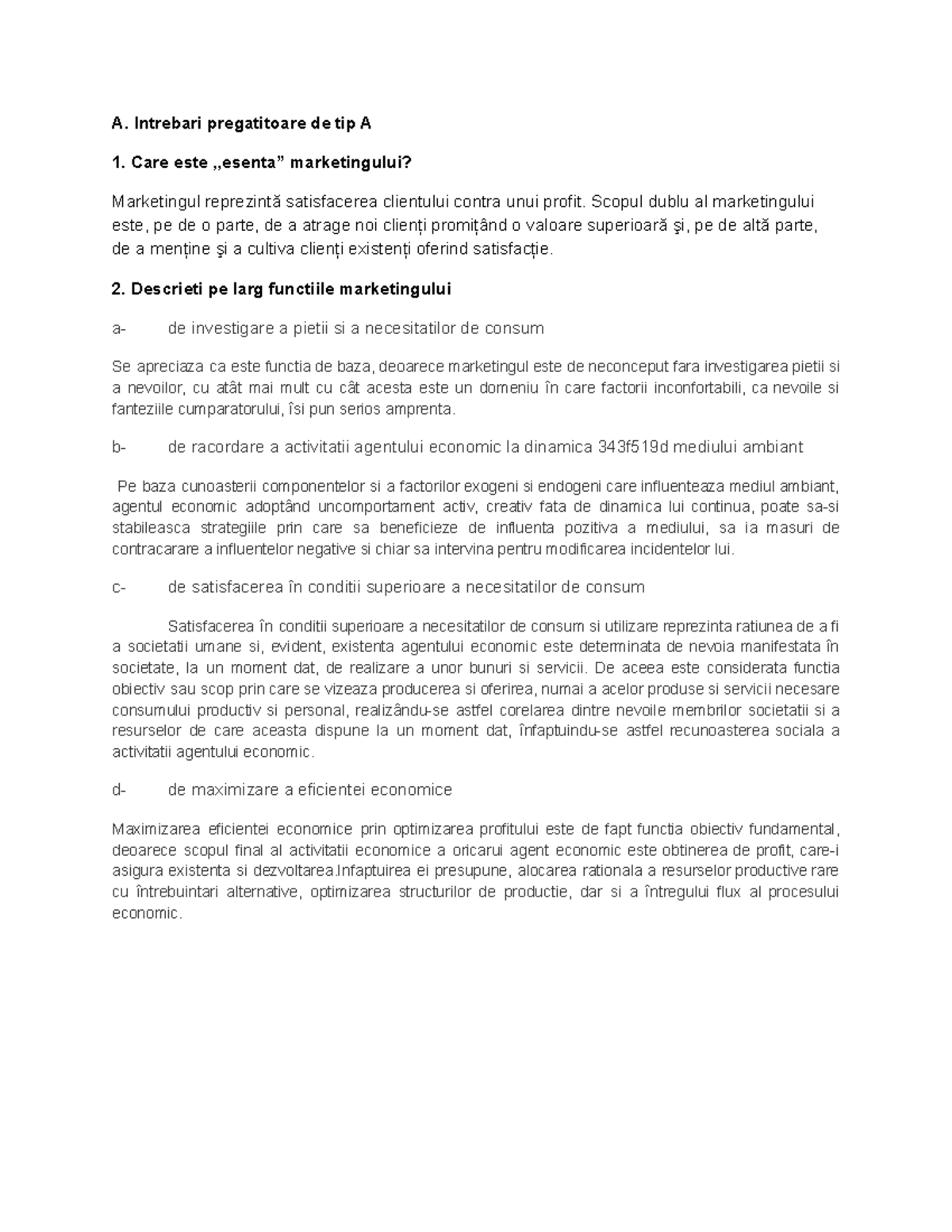 Raspunsuri marketing - mkt - A. Intrebari pregatitoare de tip A Care ...