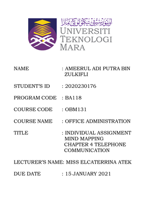 Assignment obm 210 - Individual - UNIVERSITY TEKNOLOGI MARA JENGKA CAMPUS, PAHANG FACULTY OF ...