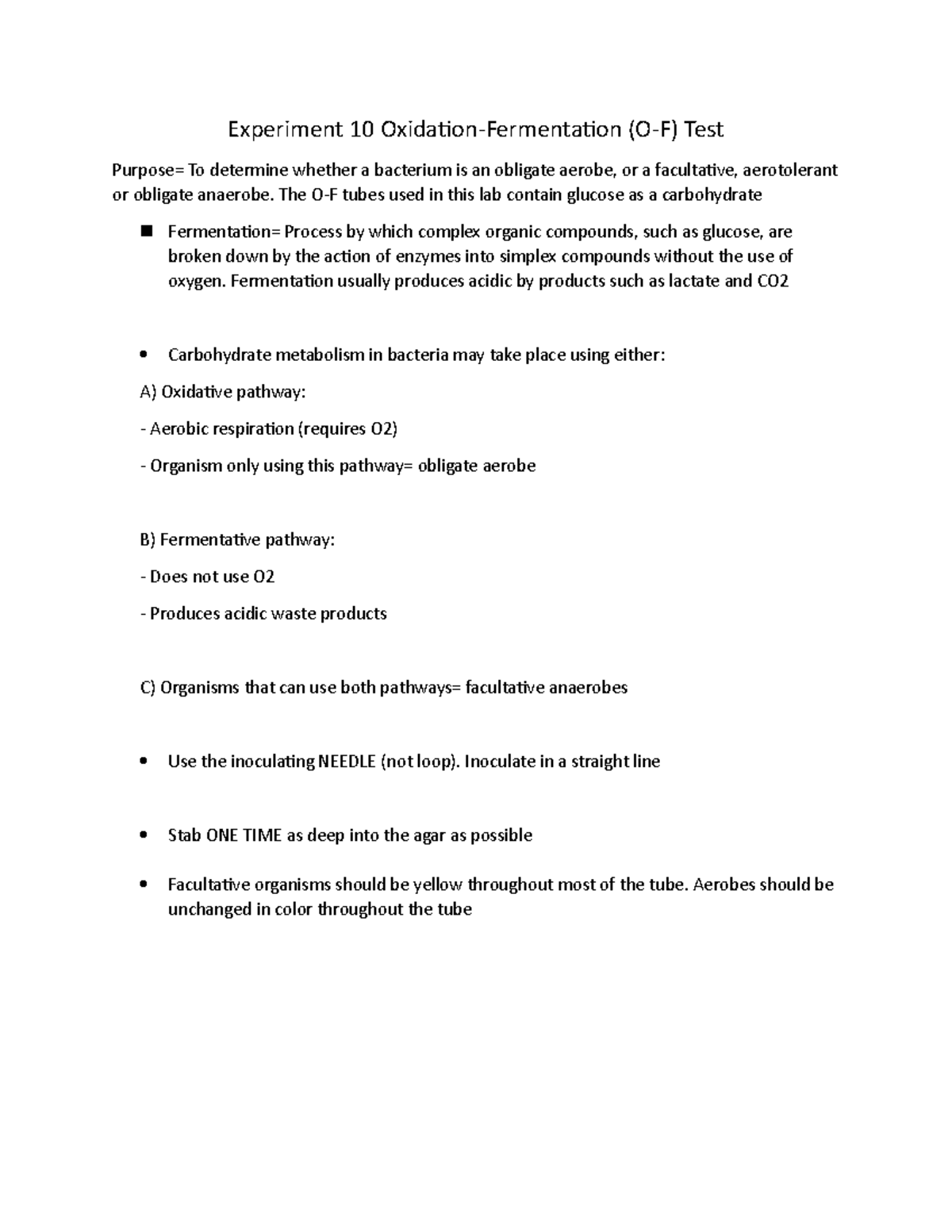 Experiment 10 Oxidation - Experiment 10 Oxidation-Fermentation (O-F ...
