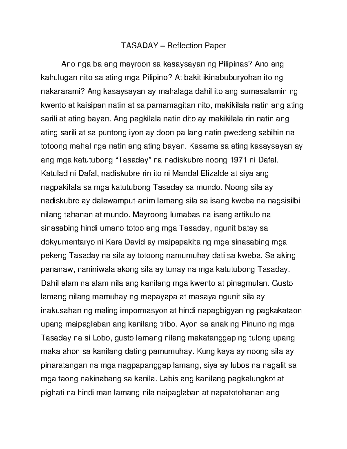 RIPH- Reflection Paper- Tasaday by Kara David - Readings in the ...