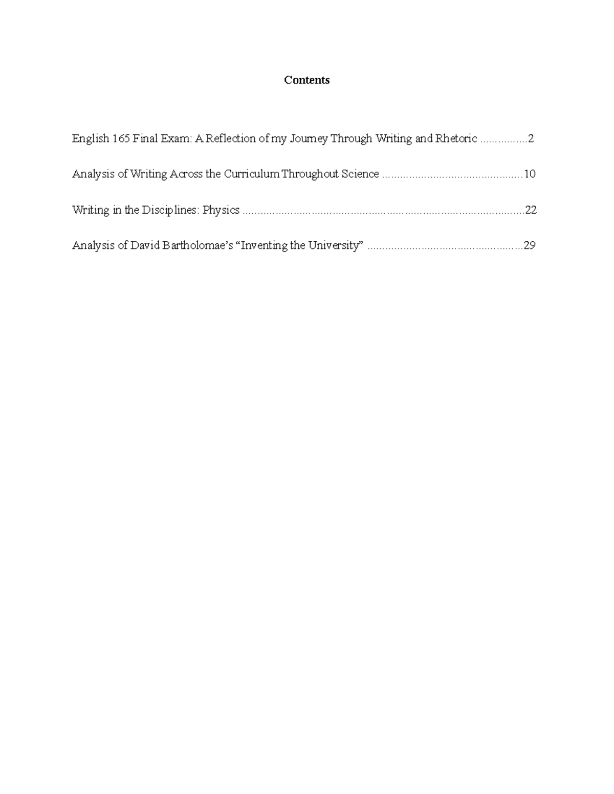 ENG 100-12 Final Exam - Contents English 165 Final Exam: A Reflection ...