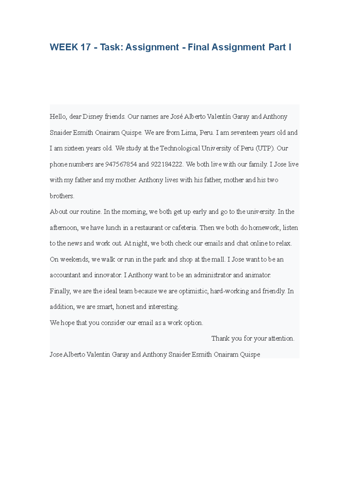 WEEK 17 a - semana17 - WEEK 17 - Task: Assignment - Final Assignment Part I Hello, dear Disney ...