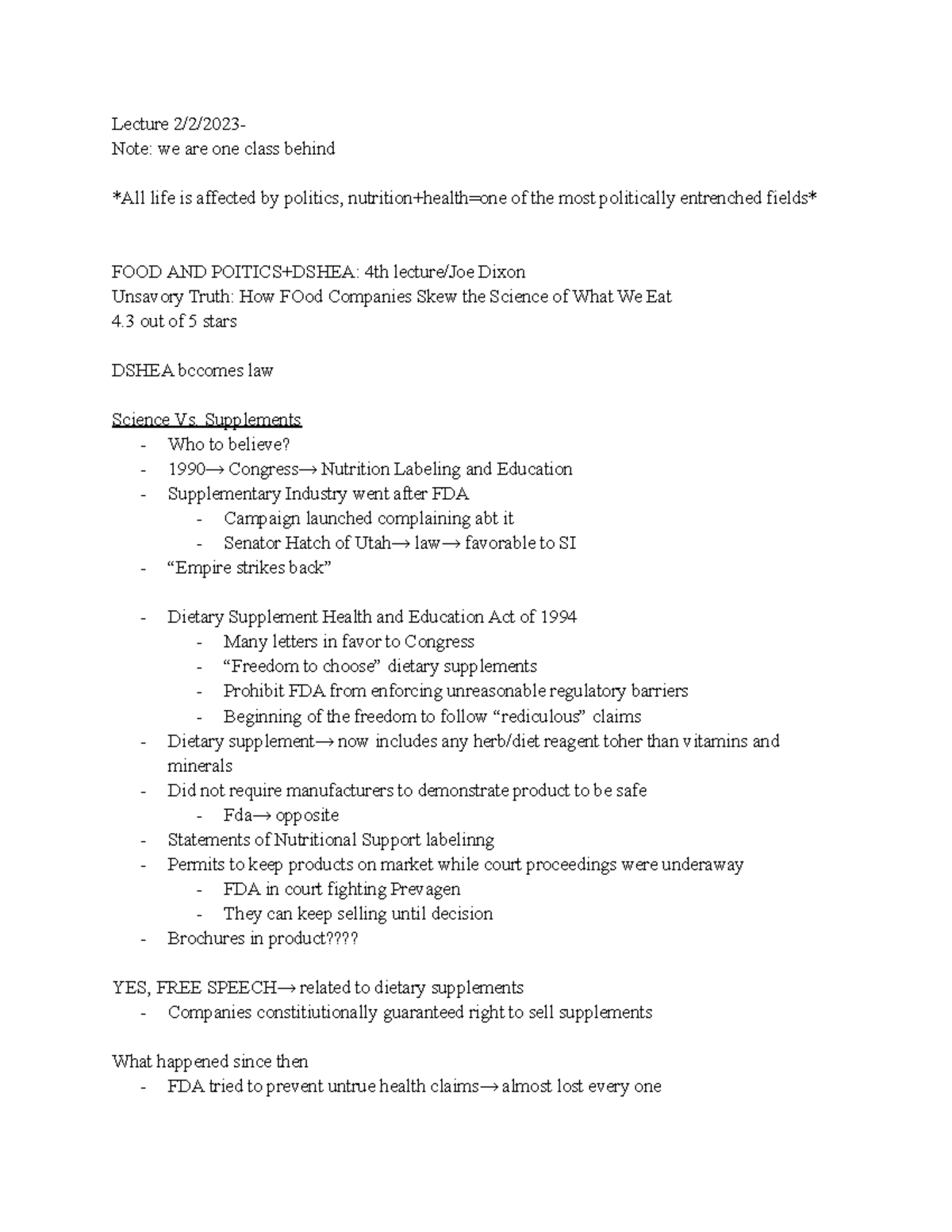 Nutrition and Health Lecture 3 Notes - Lecture 2/2/2023- Note: we are ...