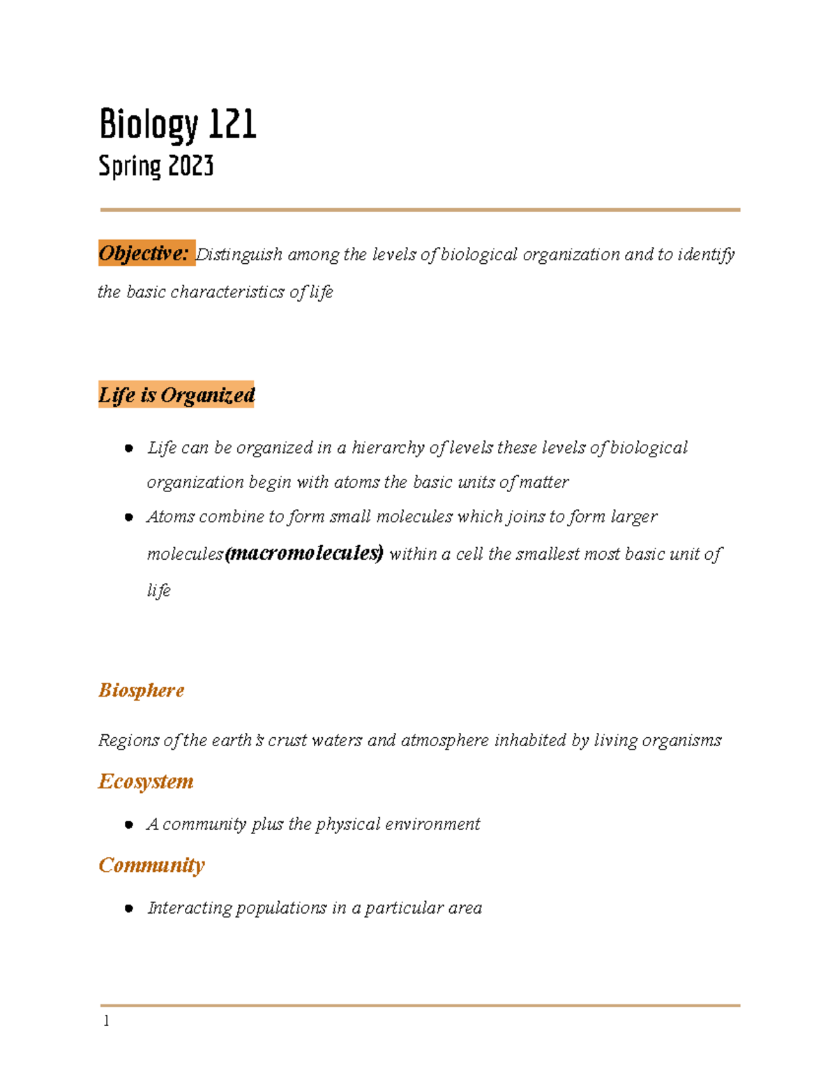 Class notes-The Characteristicts of Life - Biology 121 Spring 2023 ...