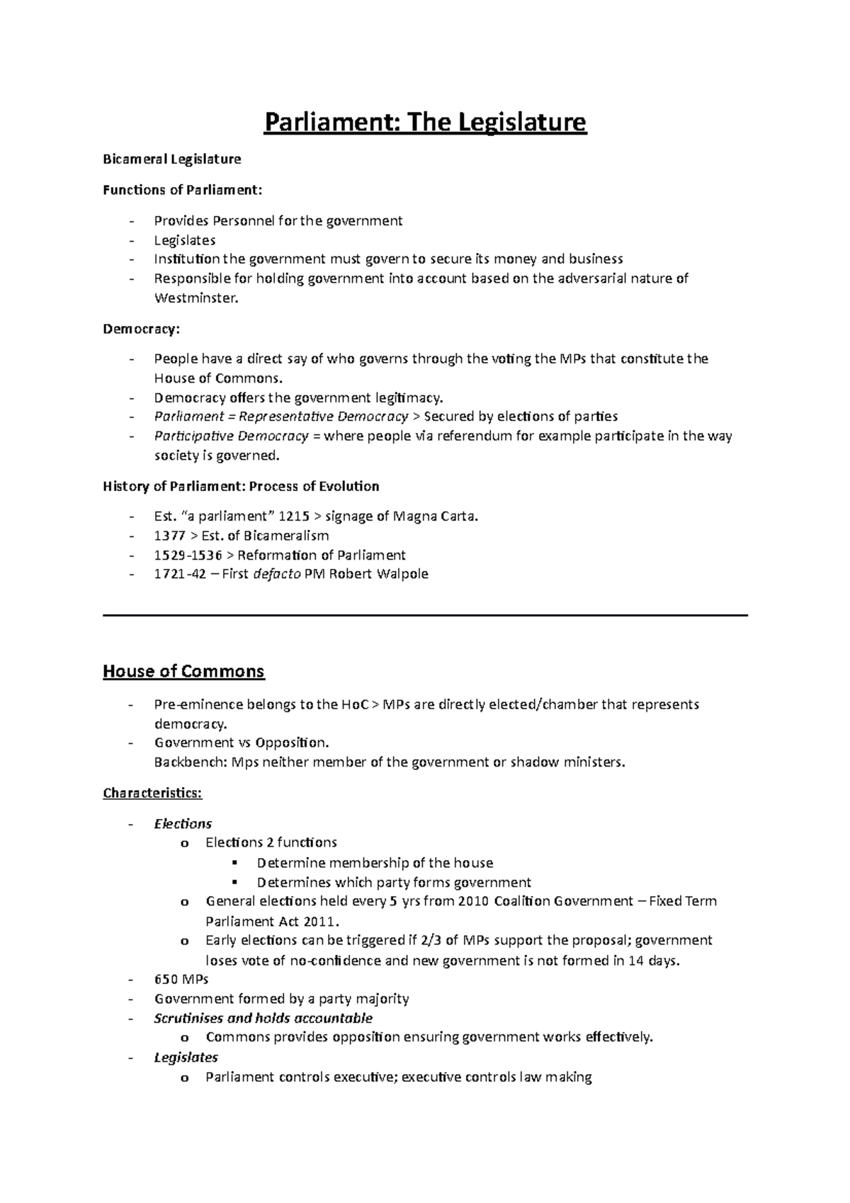 Parliament Notes - Parliament: The Legislature Bicameral Legislature ...