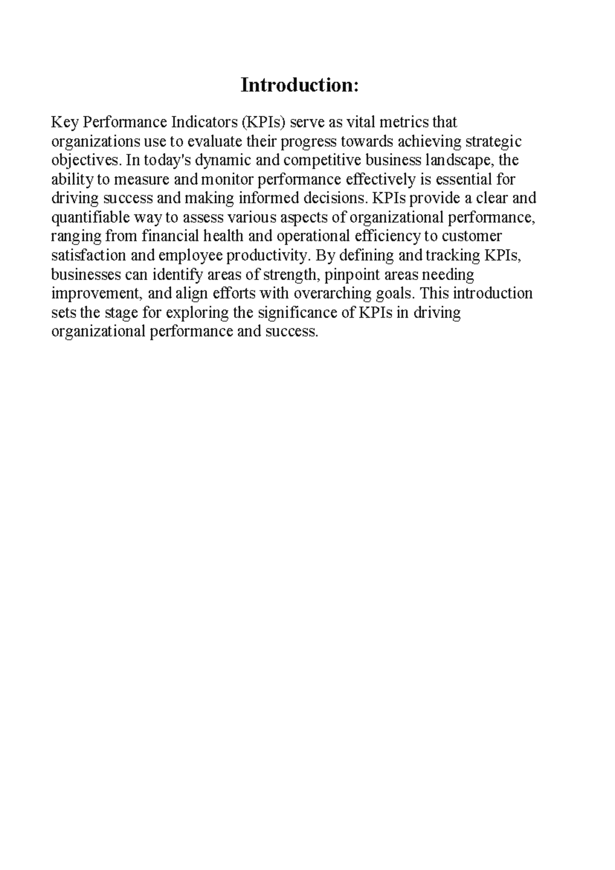 Project on KPI - Introduction: Key Performance Indicators (KPIs) serve ...