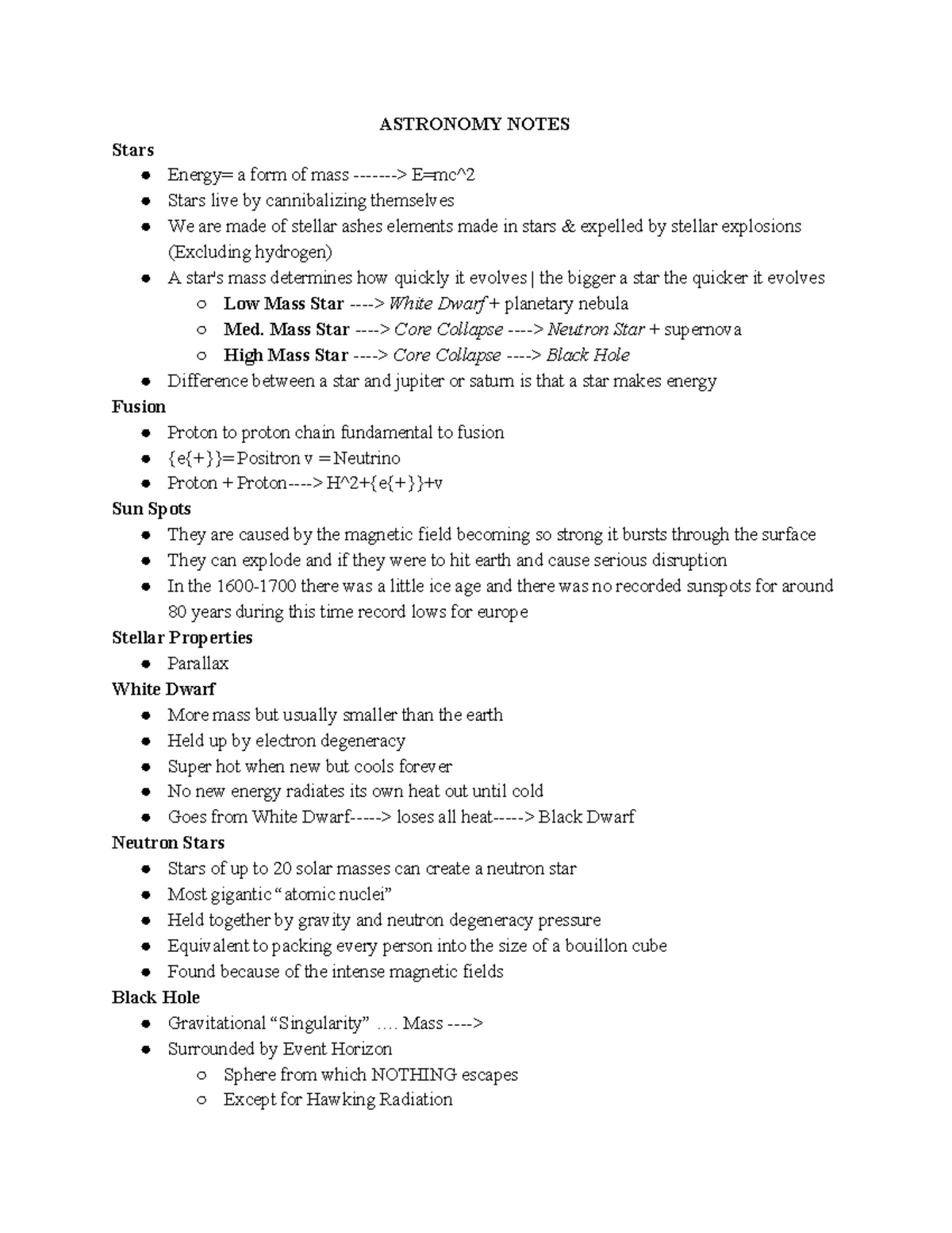 Astronomy Notes Q3 - ASTRONOMY NOTES Stars 0 Energy: a form of mass 0 ...