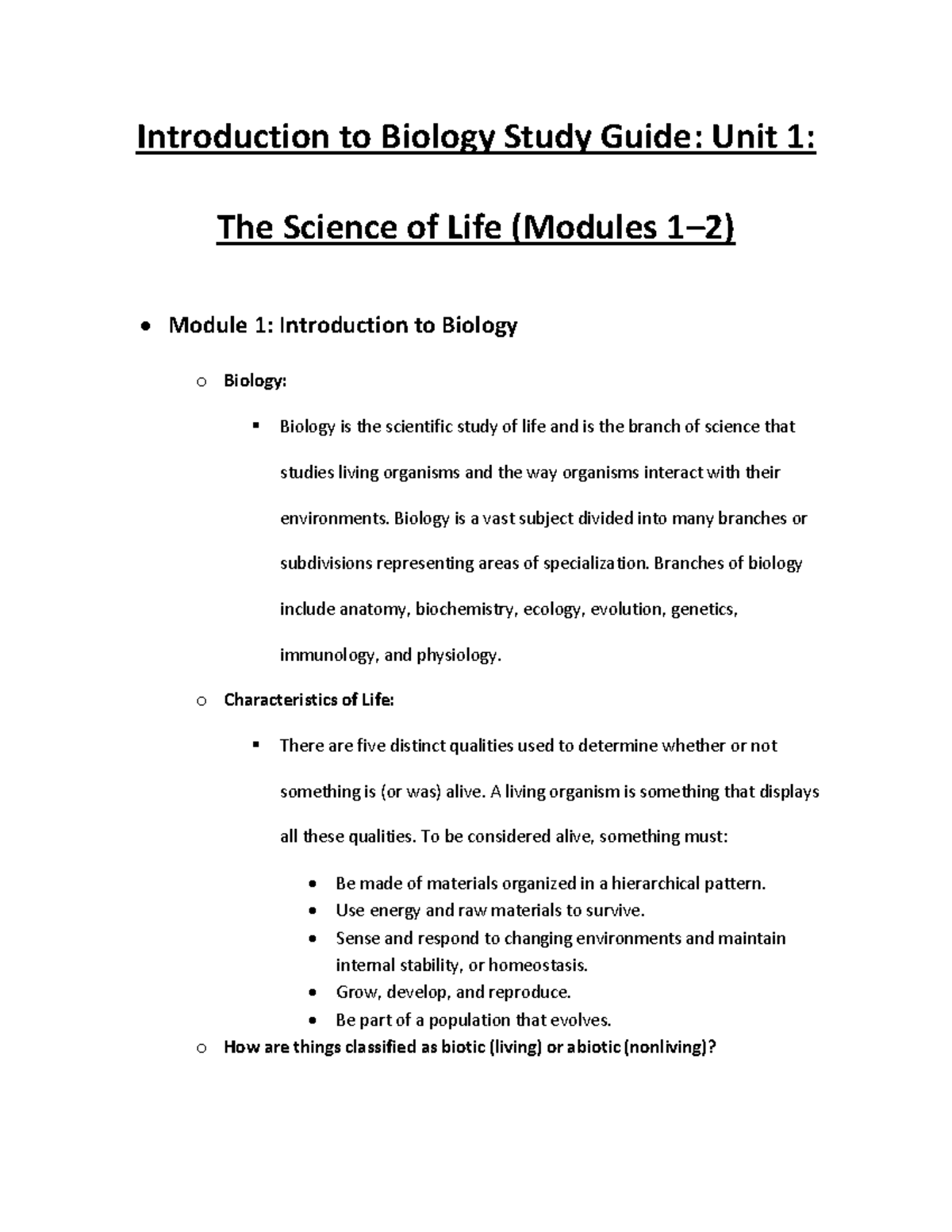 Bio Study Guide Unit 1 - Module 1 - Introduction to Biology Study Guide: Unit 1: The Science of ...