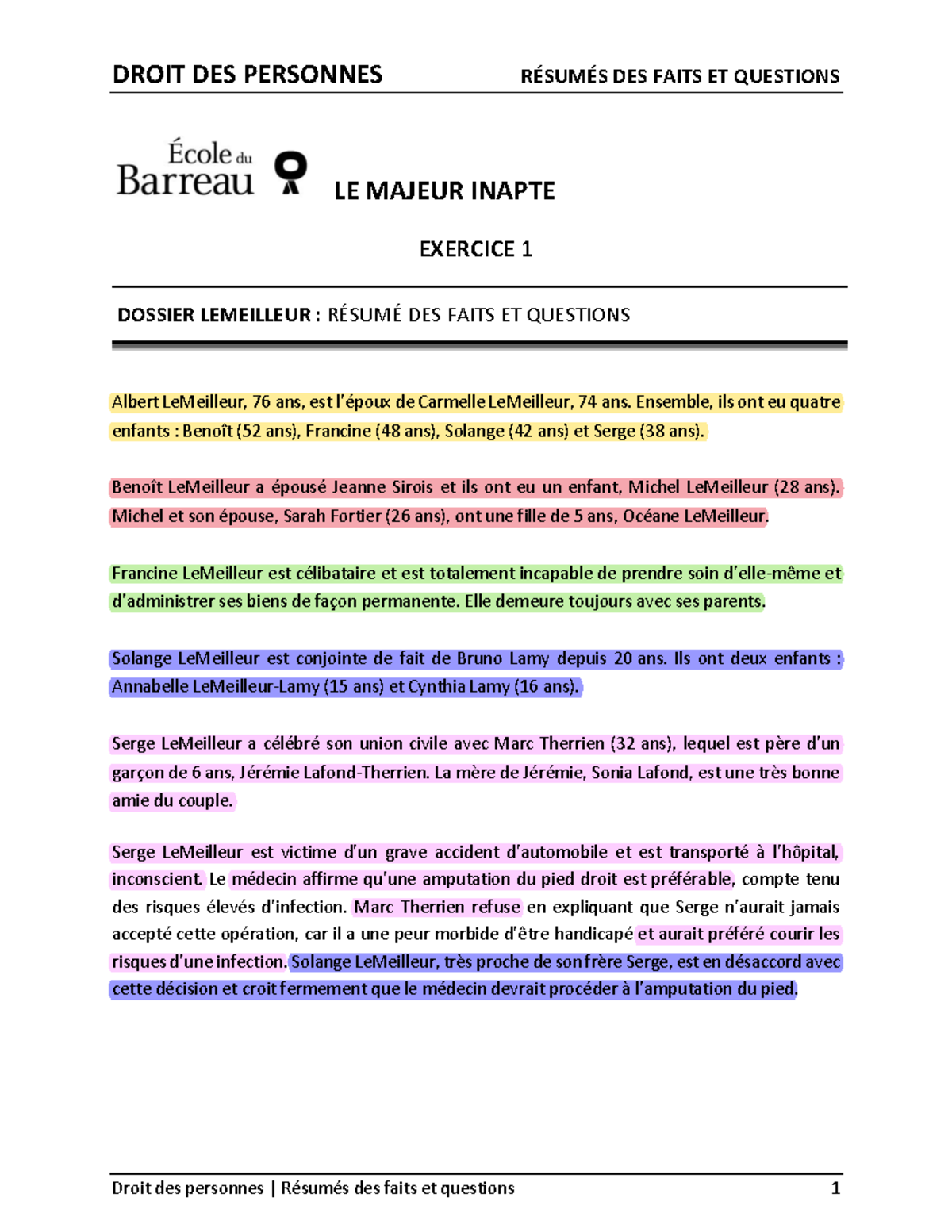 Exercices - Droit des personnes - Majeur inapte - DROIT DES PERSONNES ...