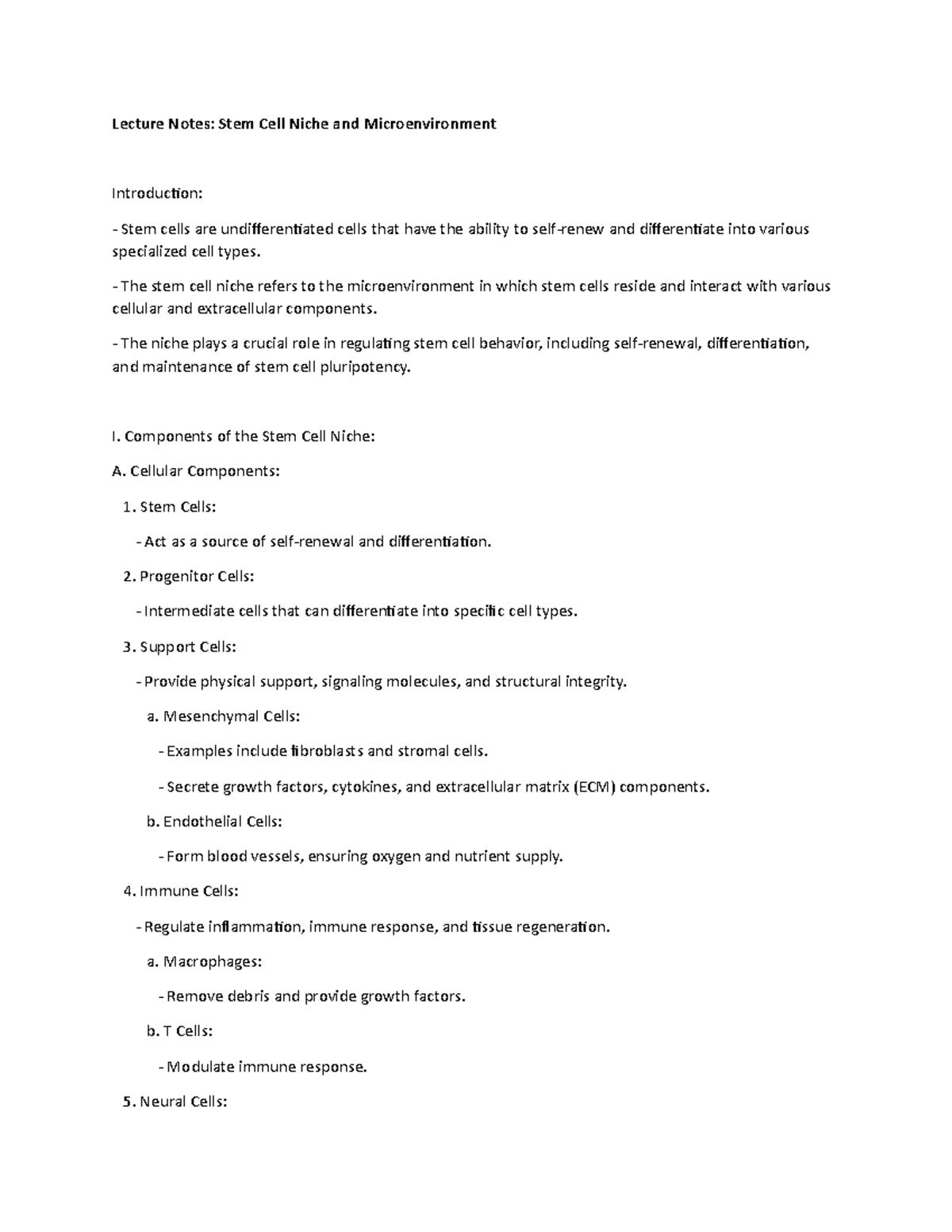 Lecture Notes: Stem Cell Niche and Microenvironment - Lecture Notes ...