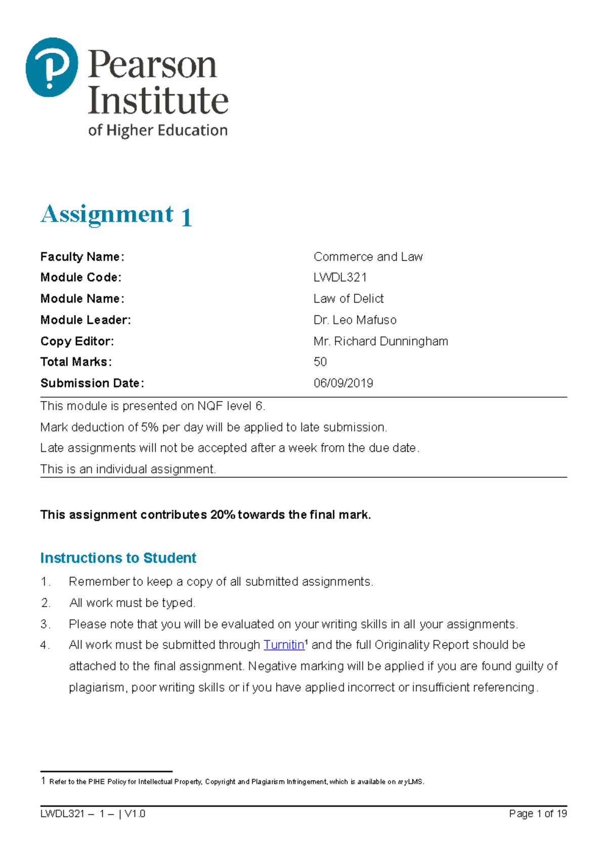 LWDL321 - Assignment 1 - S2 2019 (V1 - Assignment 1 Faculty Name ...