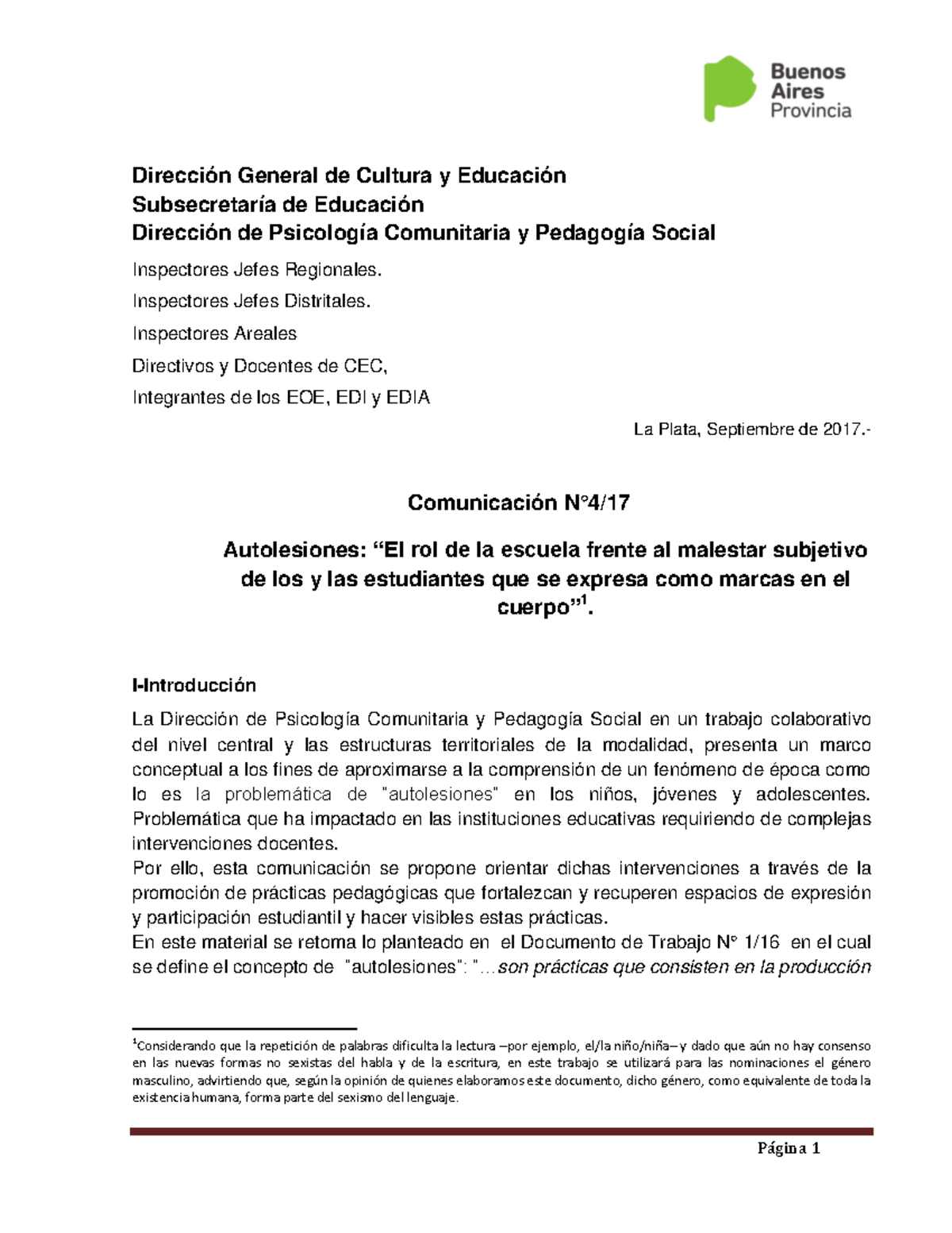 (2017 ) Comunicación N° 4-17 - Autolesiones. El rol de la escuela frente al malestar subjetivo ...