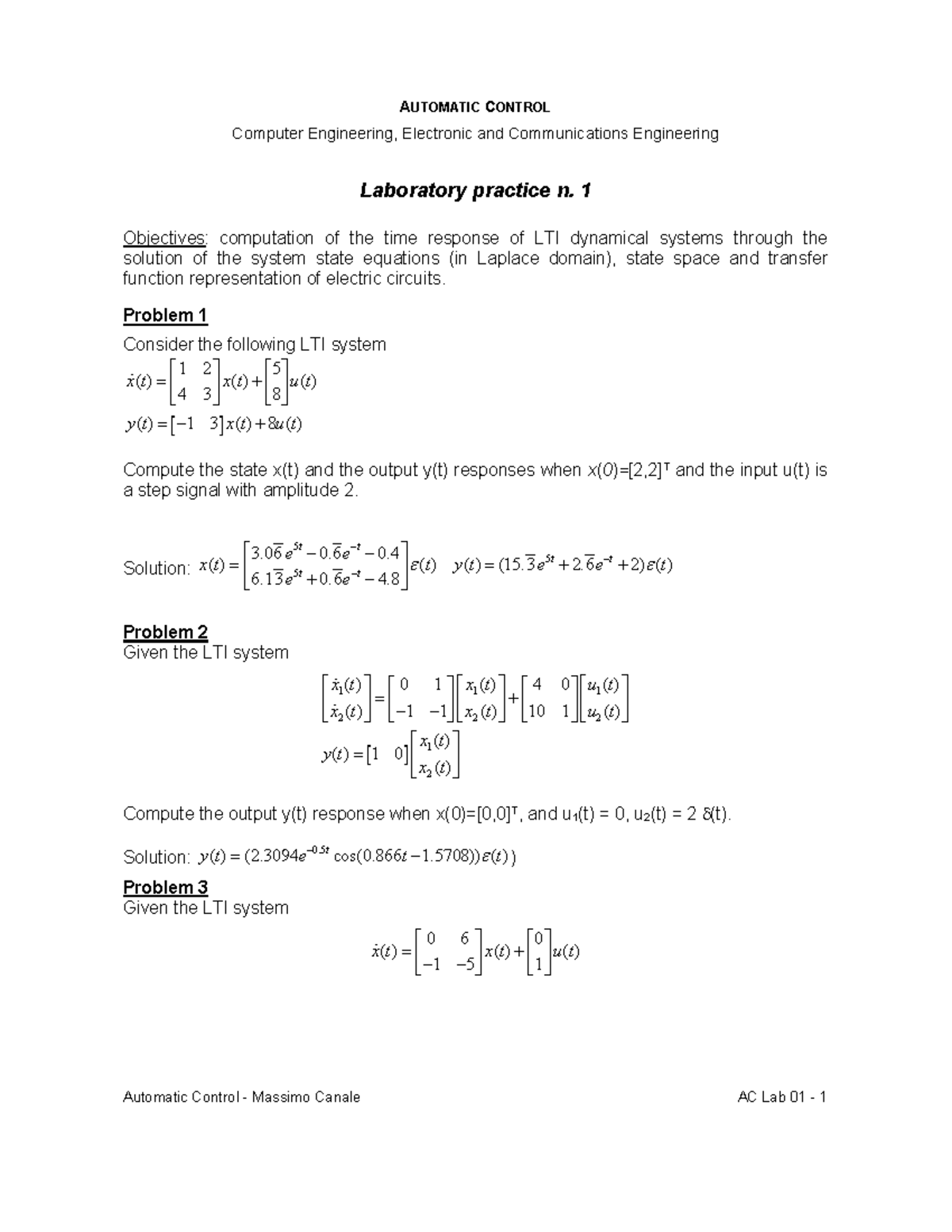 AC LAB 1 2022 - eee - Automatic Control - Massimo Canale AC Lab 01 - 1 ...
