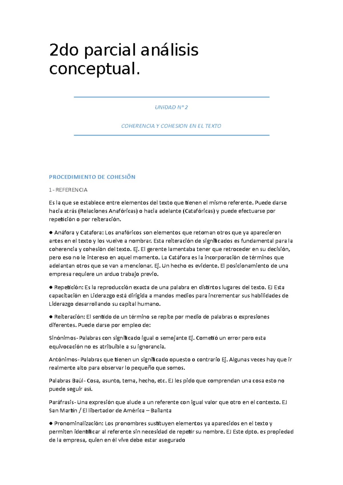 2do parcial análisis conceptual - UNIDAD N° 2 COHERENCIA Y COHESION EN EL TEXTO PROCEDIMIENTO DE ...
