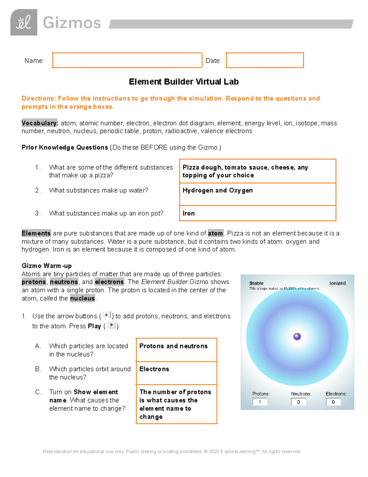 Copy of Element Builder Virtual Lab - Name: Date: Element Builder ...