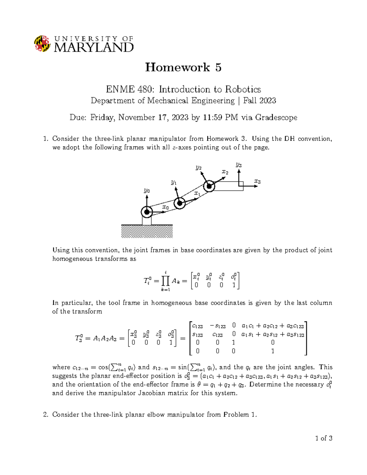 ENME480-2023F-HW5 - Homework 5 - Homework 5 ENME 480: Introduction to Robotics Department of ...