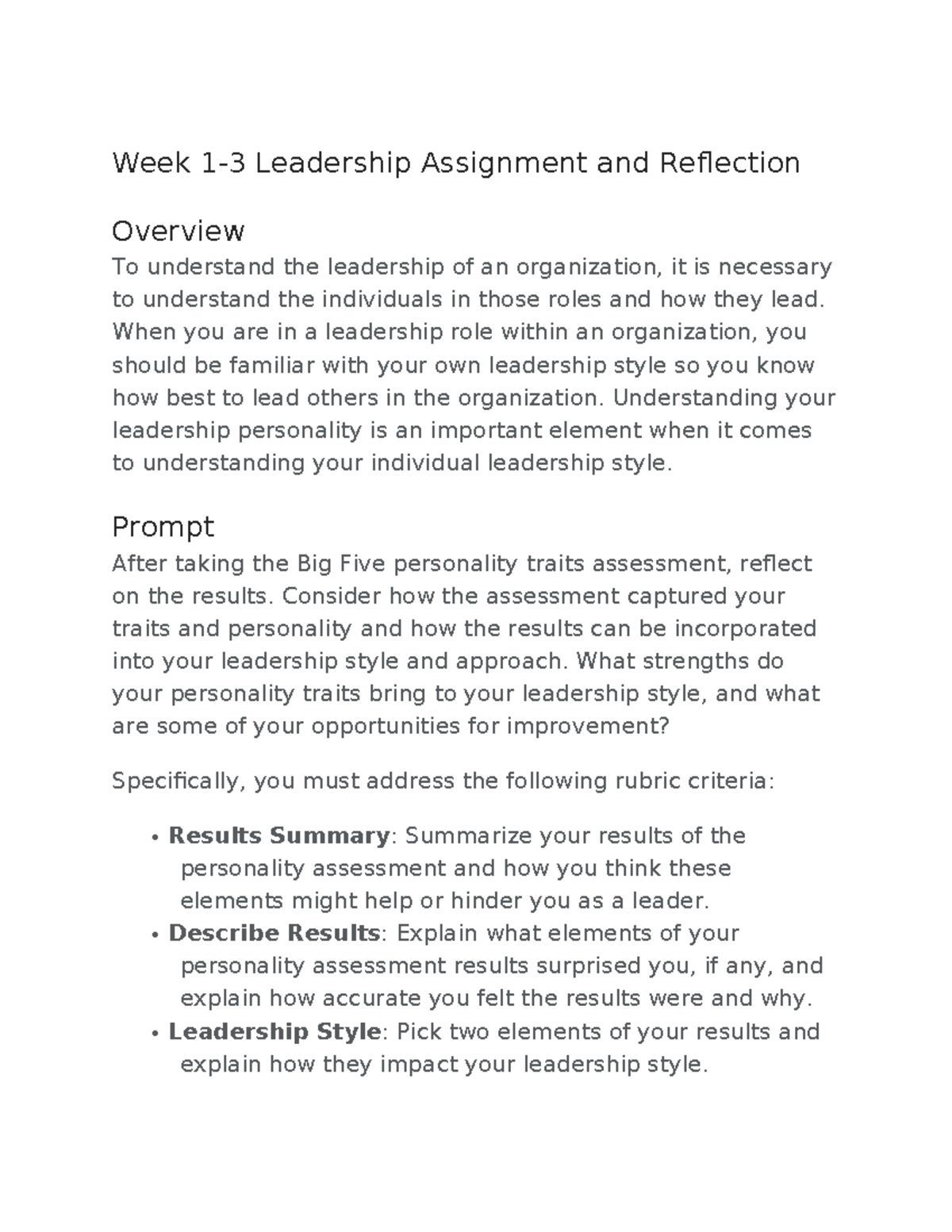 Week 1.3 Leadership Assignment And Reflection Guidelines - Week 1-3 