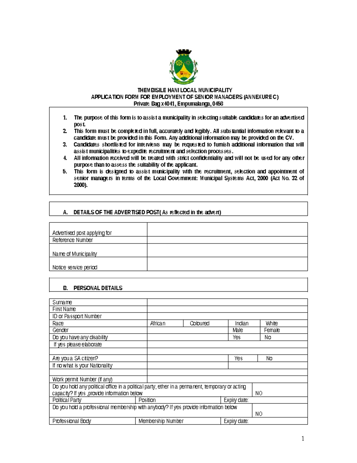 Application Form for Employment of Senior Managers 1 0 - THEMBISILE ...
