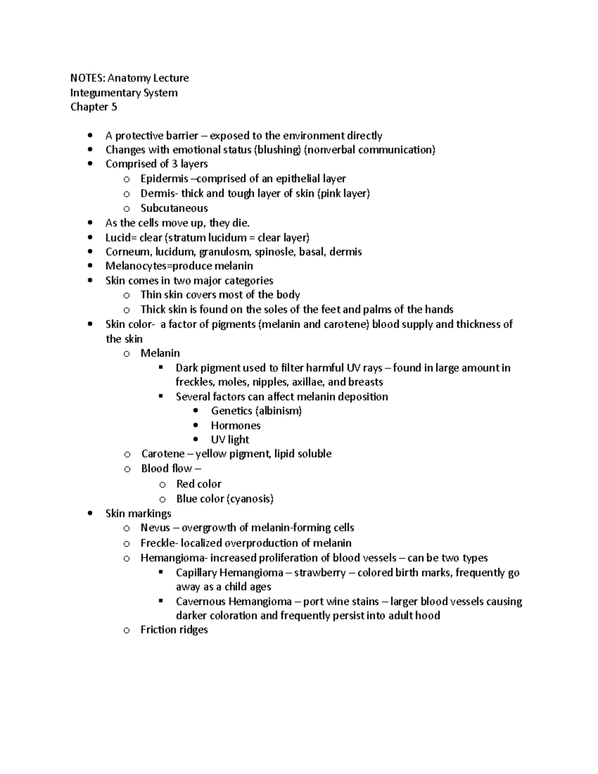 Notes integumentary system - NOTES: Anatomy Lecture Integumentary ...