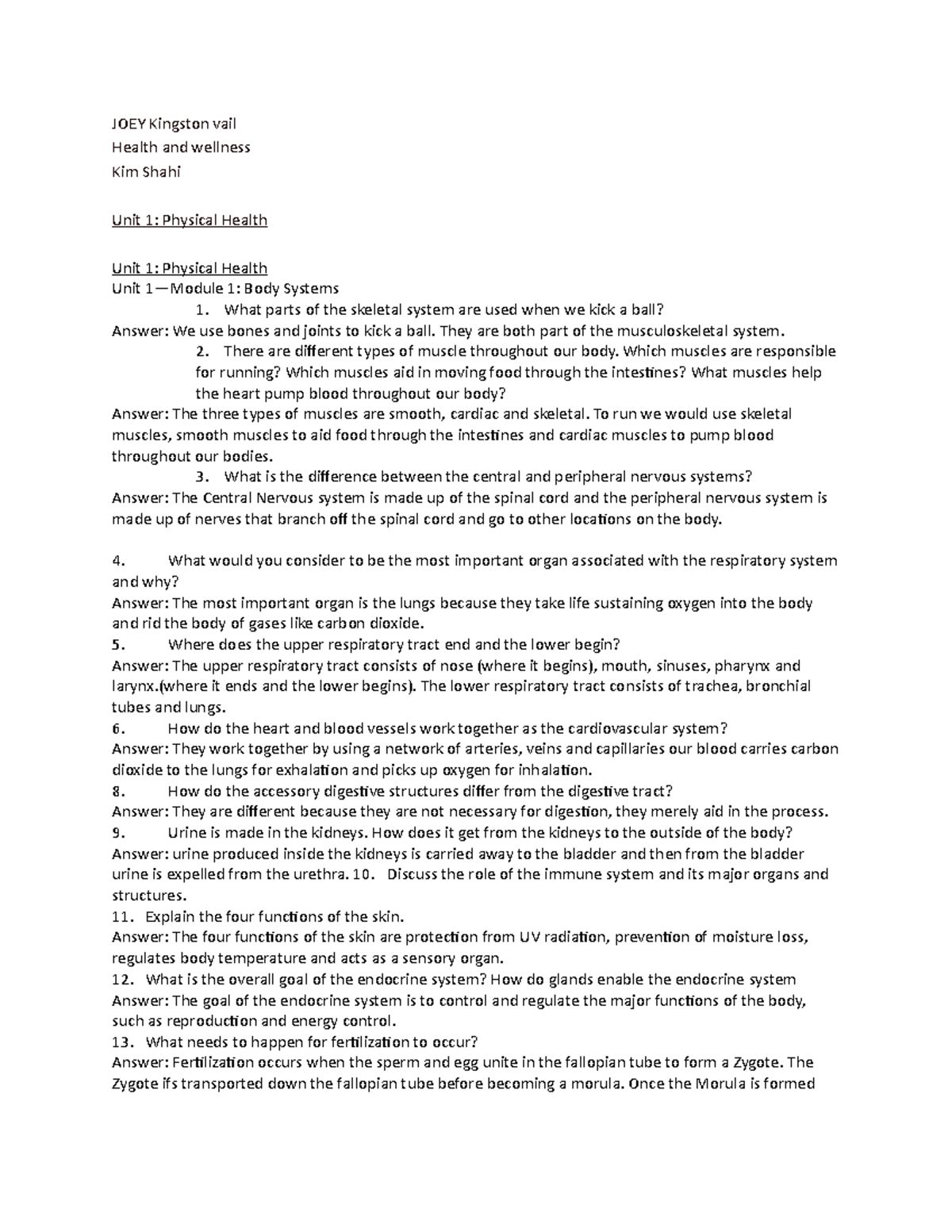 C458 health questions - STUDY GUIDE - JOEY Kingston vail Health and ...