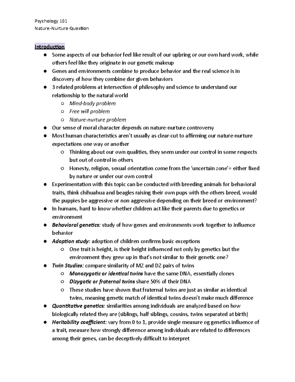 Psy 101 Hw Notes 8 Nature Vs Nurture Winter 23 Psychology 101