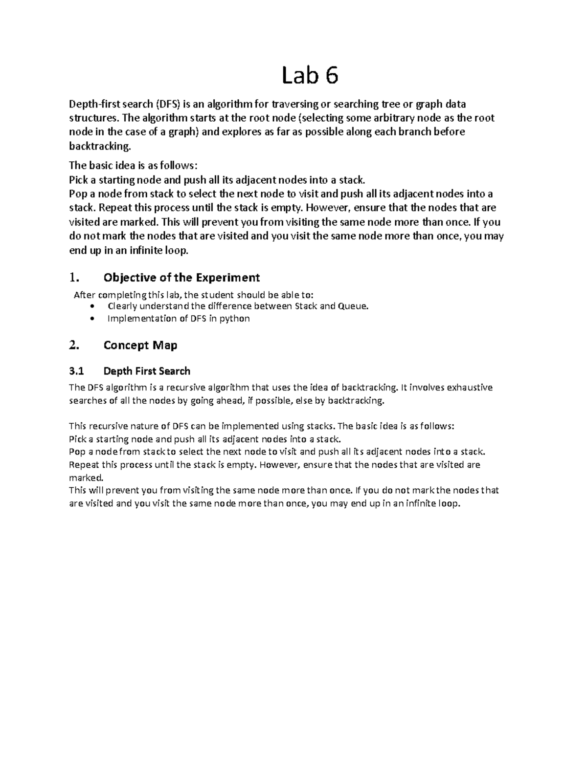 Data Structure And Algorithms Post Lab 06 Lab 6 Depth First Search Dfs Is An Algorithm For