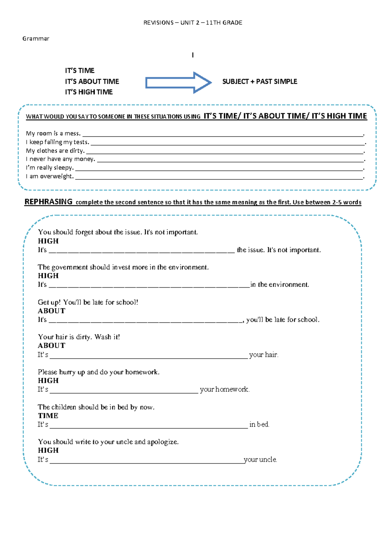 UNIT 2 Grammar Revisions - REVISIONS – UNIT 2 – 11TH GRADE Grammar I ...