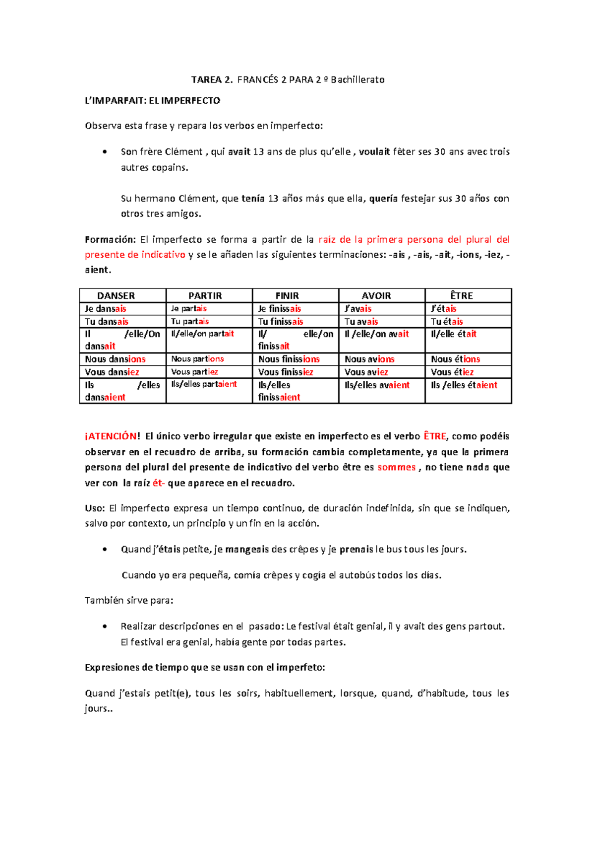 Tareas del imperfecto - TAREA 2. FRANCÉS 2 PARA 2 º Bachillerato L ...