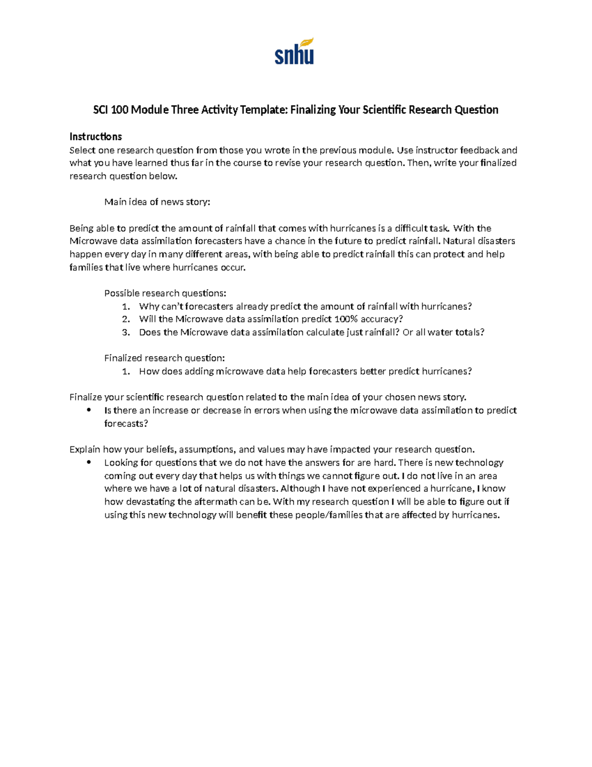 Module 3 activity nat. science - SCI 100 Module Three Activity Template: Finalizing Your ...