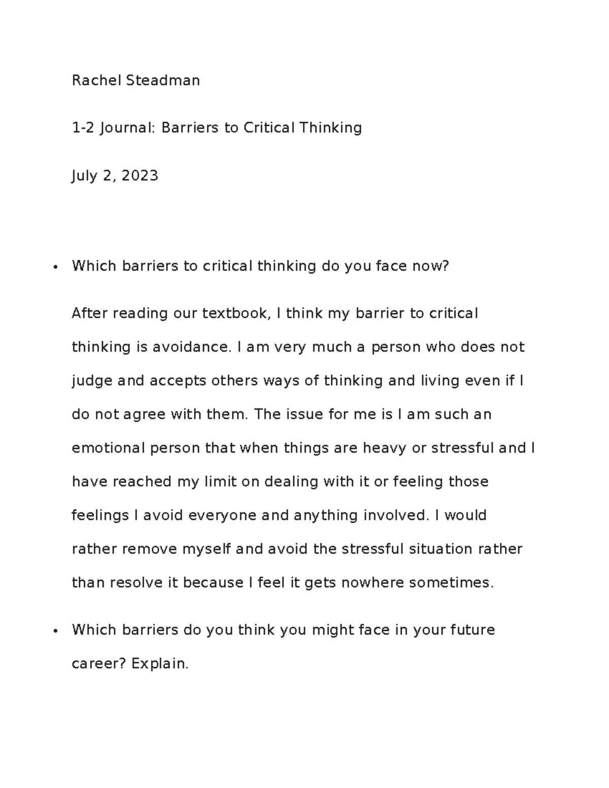 1-2 journal barriers to critical thinking Rachel Steadman - Rachel ...