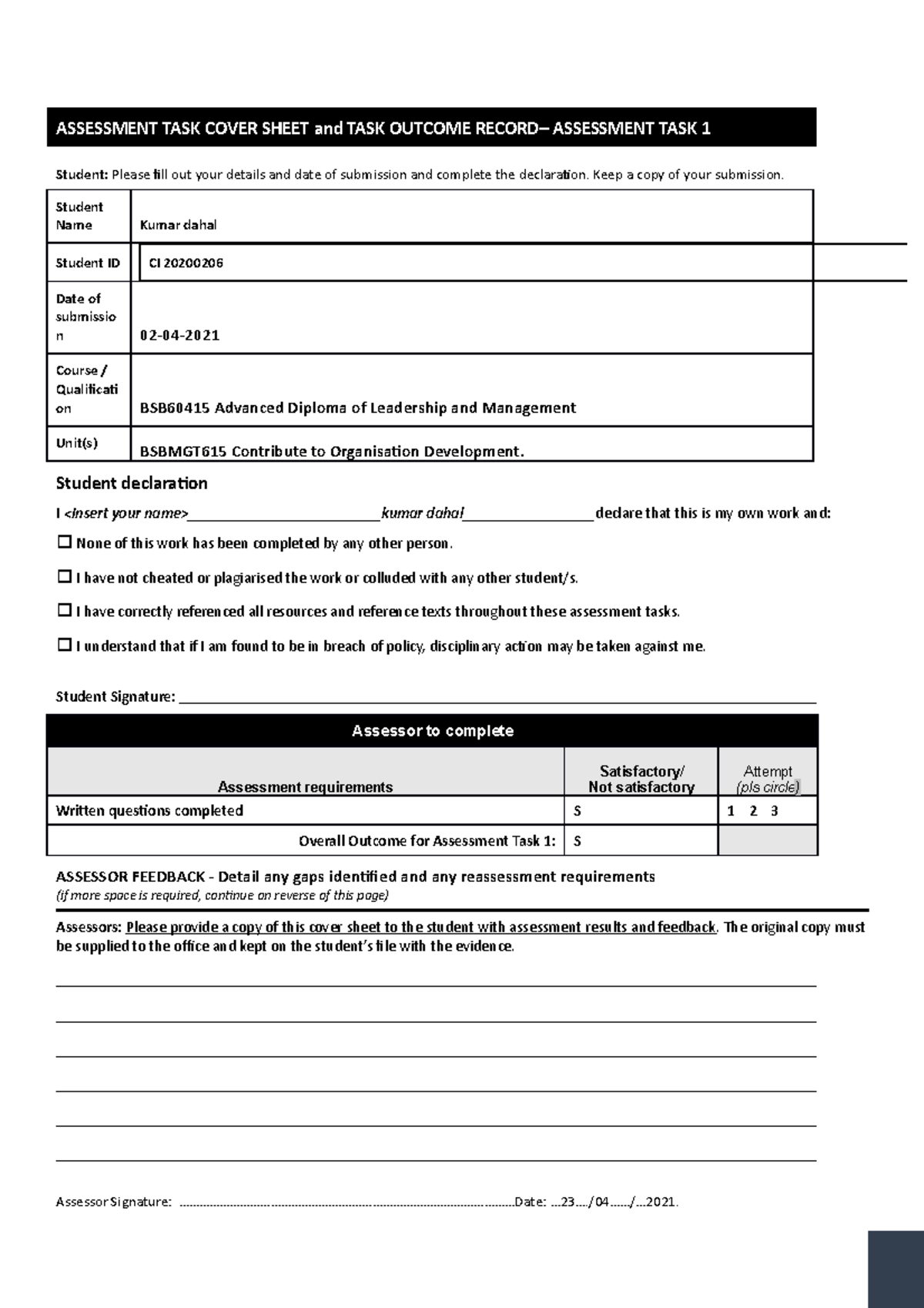 Bsb kumar - all - ASSESSMENT TASK COVER SHEET and TASK OUTCOME RECORD ...