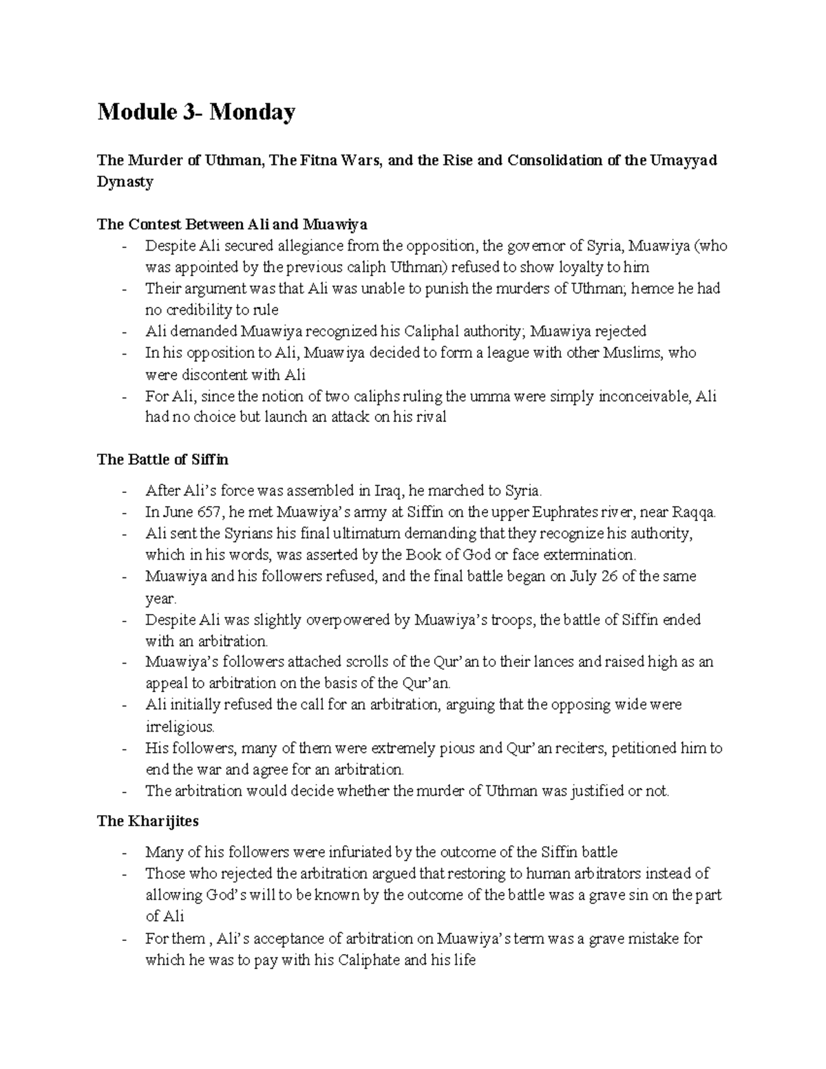Islamic Studies Module 3 - Module 3- Monday The Murder of Uthman, The ...