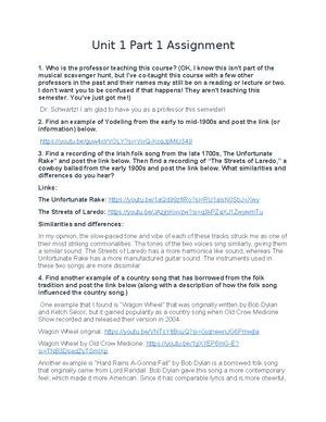 1 country msuic Unit 2 Part 2 Assignment - Unit 2 Part 2 Short Answer Assignment Please answer ...