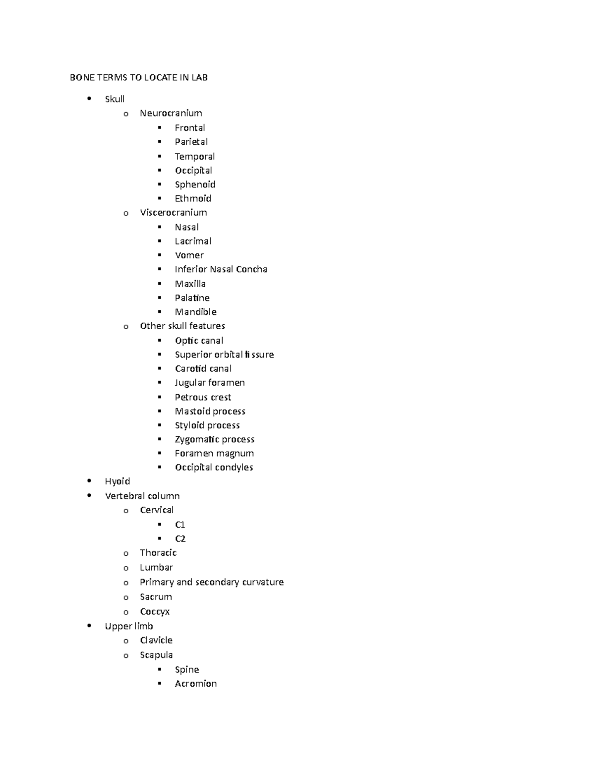 BONE Terms to Locate IN LAB - BONE TERMS TO LOCATE IN LAB Skull o ...