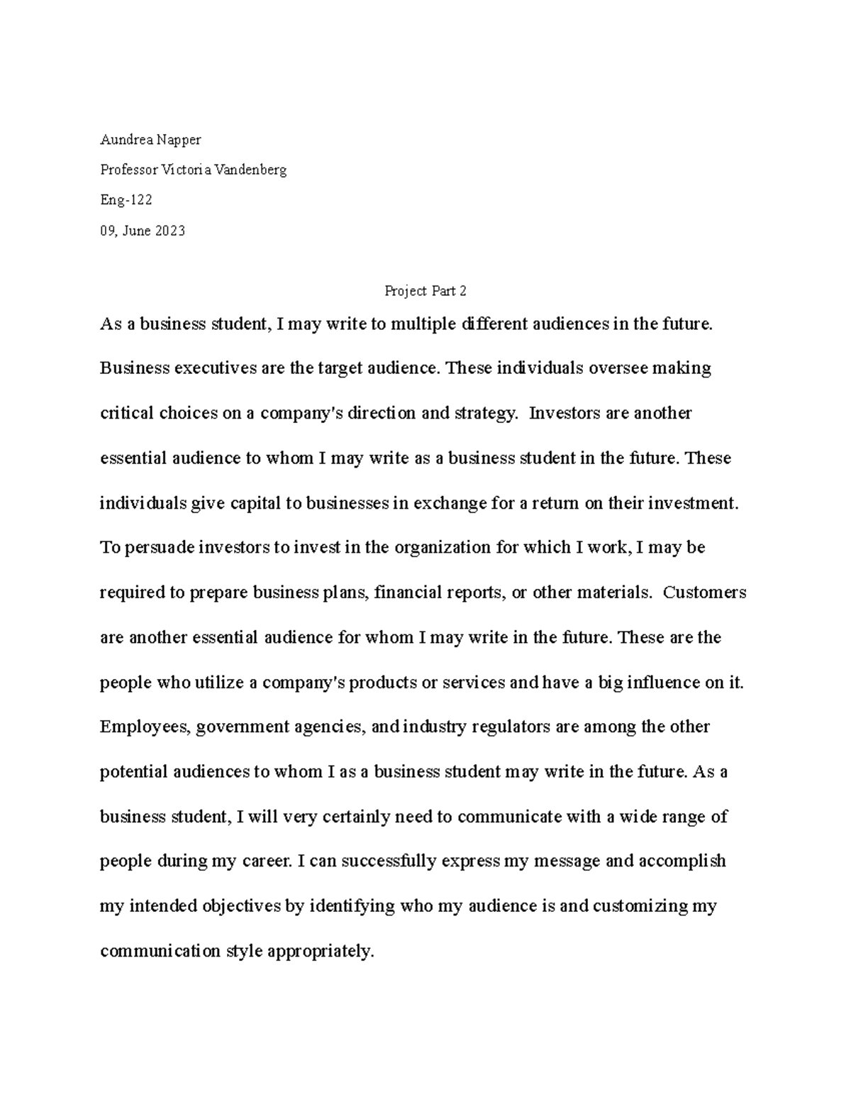 English project 2 - Aundrea Napper Professor Victoria Vandenberg Eng ...