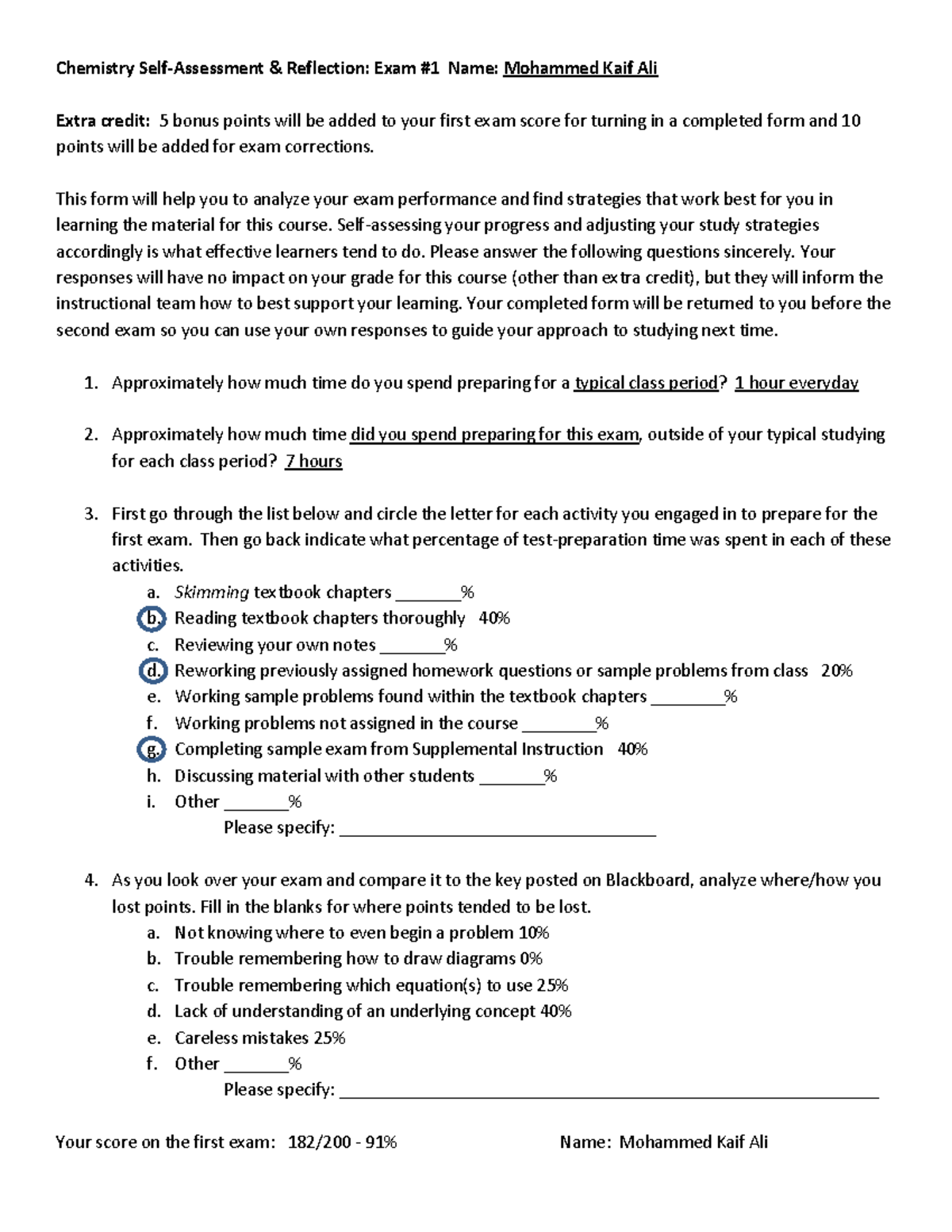 Exam Wrapper ali2mi - qef - Chemistry Self-Assessment & Reflection ...