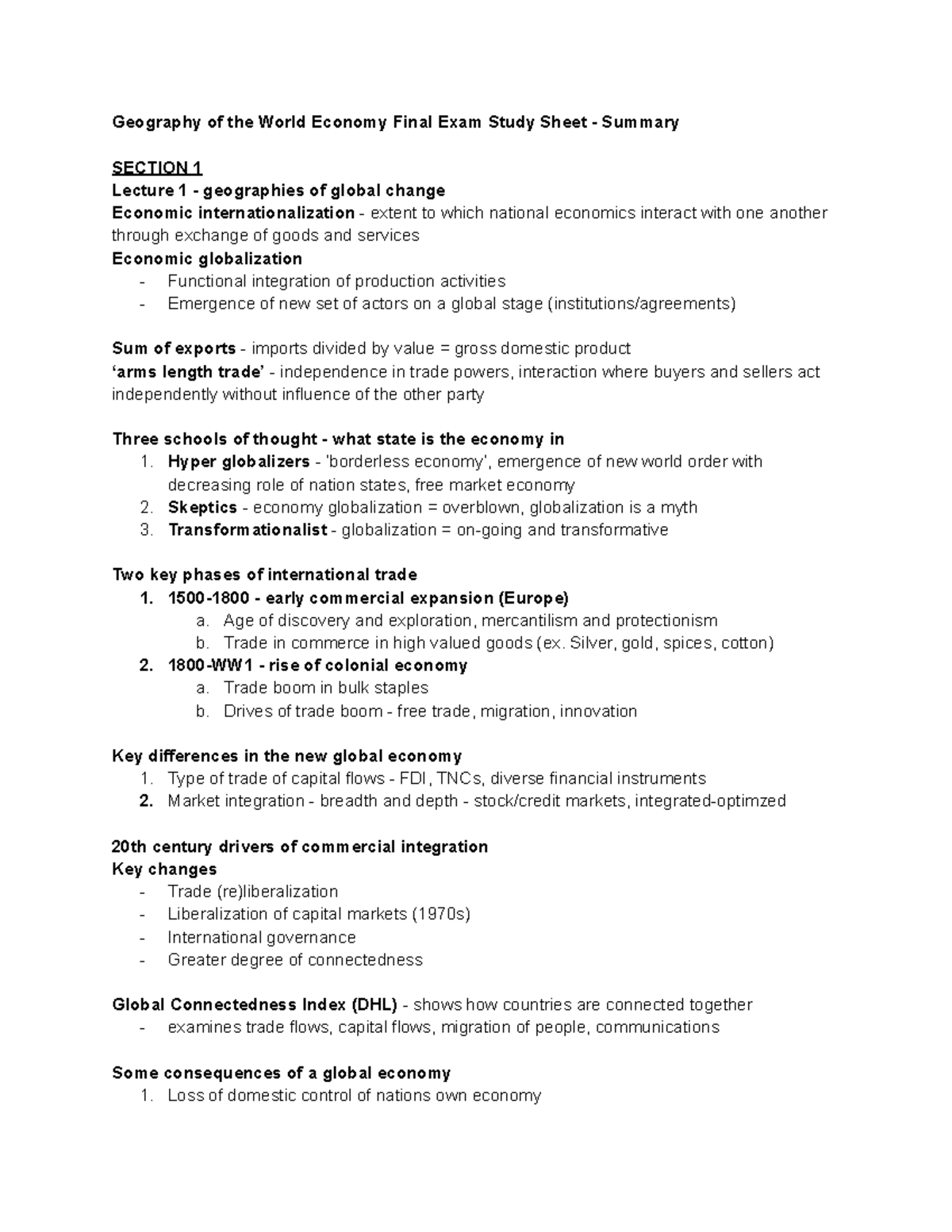 Final exam study sheet - condesned - Geography of the World Economy ...