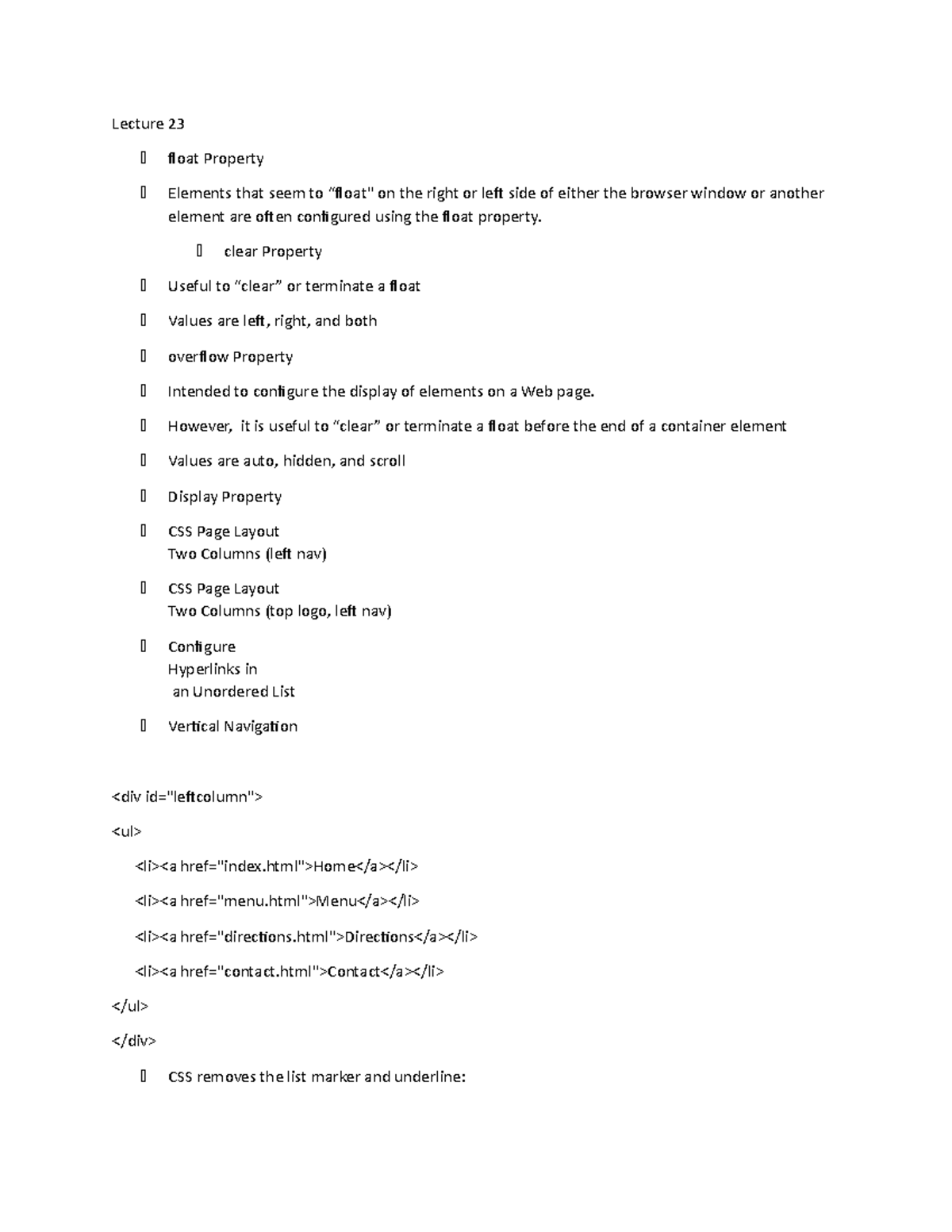 Lecture 23 - Lecture 23 float Property Elements that seem to “float" on ...