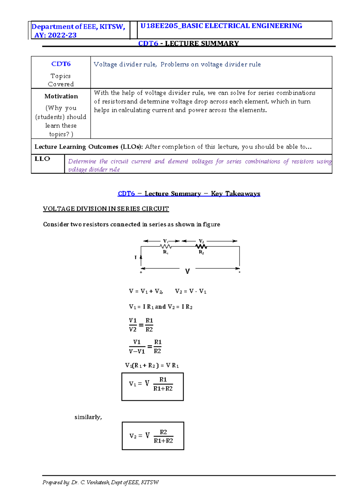 BEE CDT6 Summary 2022-23 - Department of EEE, KITSW, AY: 2022- U18EE205_BASIC ELECTRICAL ...