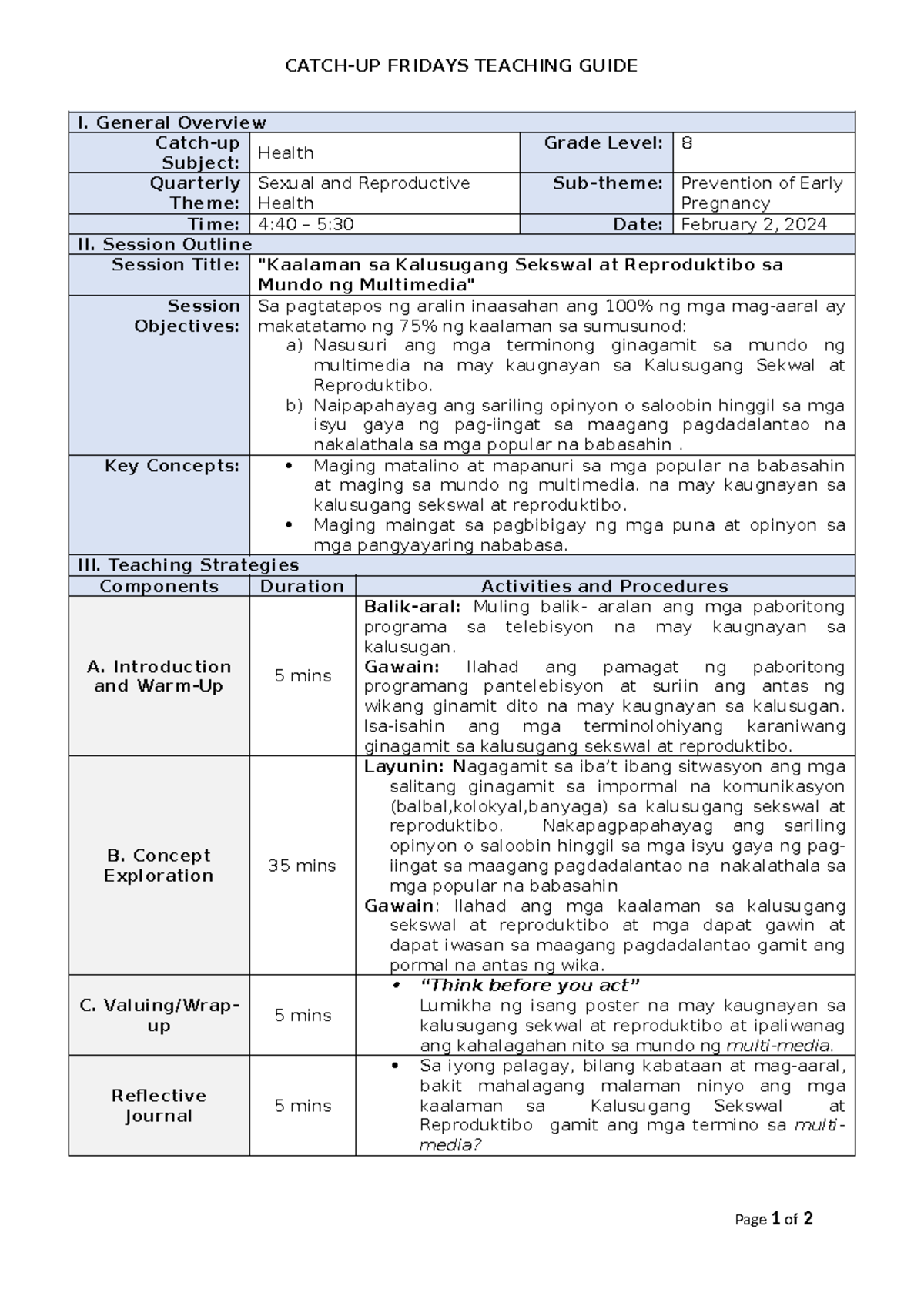 TG Health-Ed-8- Aileen - CATCH-UP FRIDAYS TEACHING GUIDE I. General ...