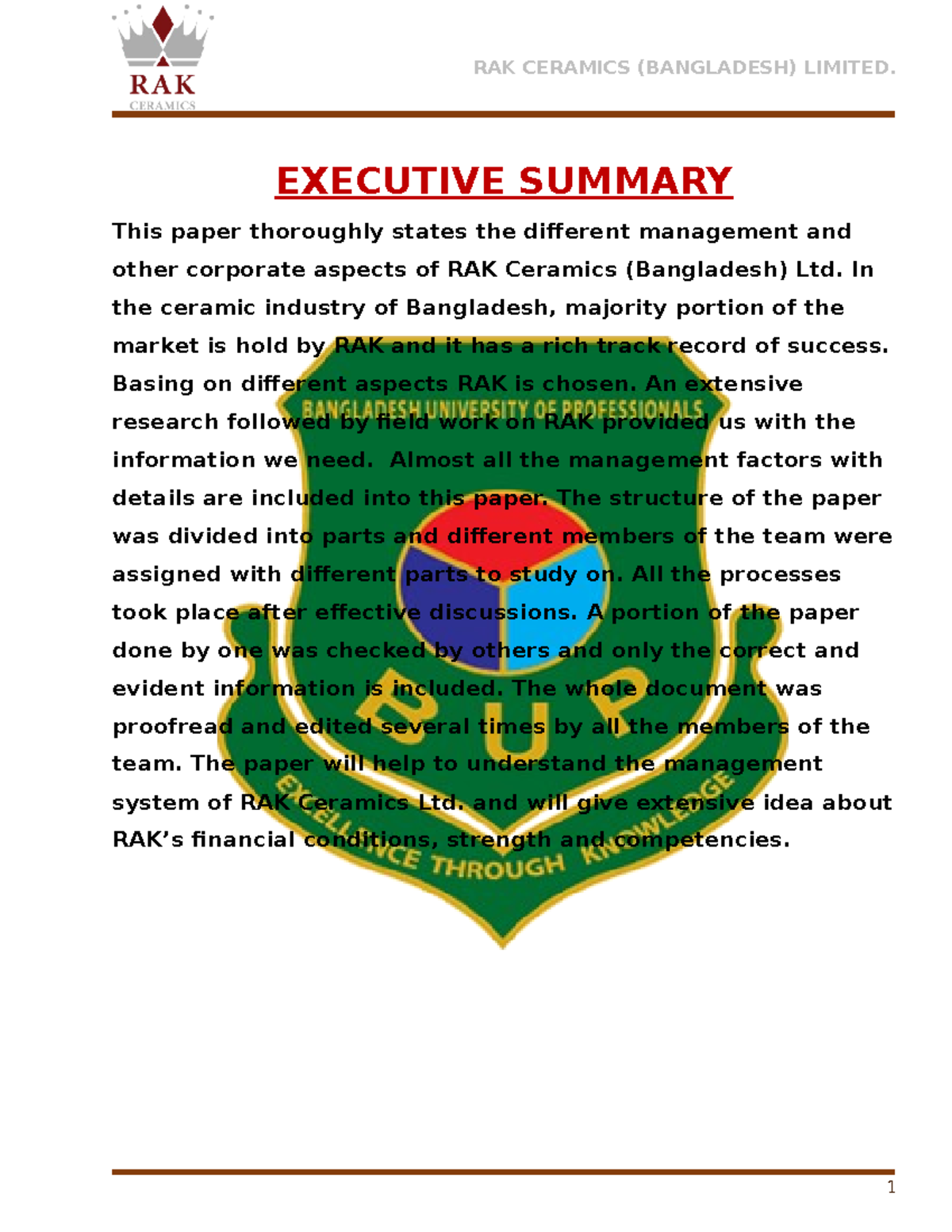 5) MAIN BODY - A management report on RAK Ceramics Bangladesh ...