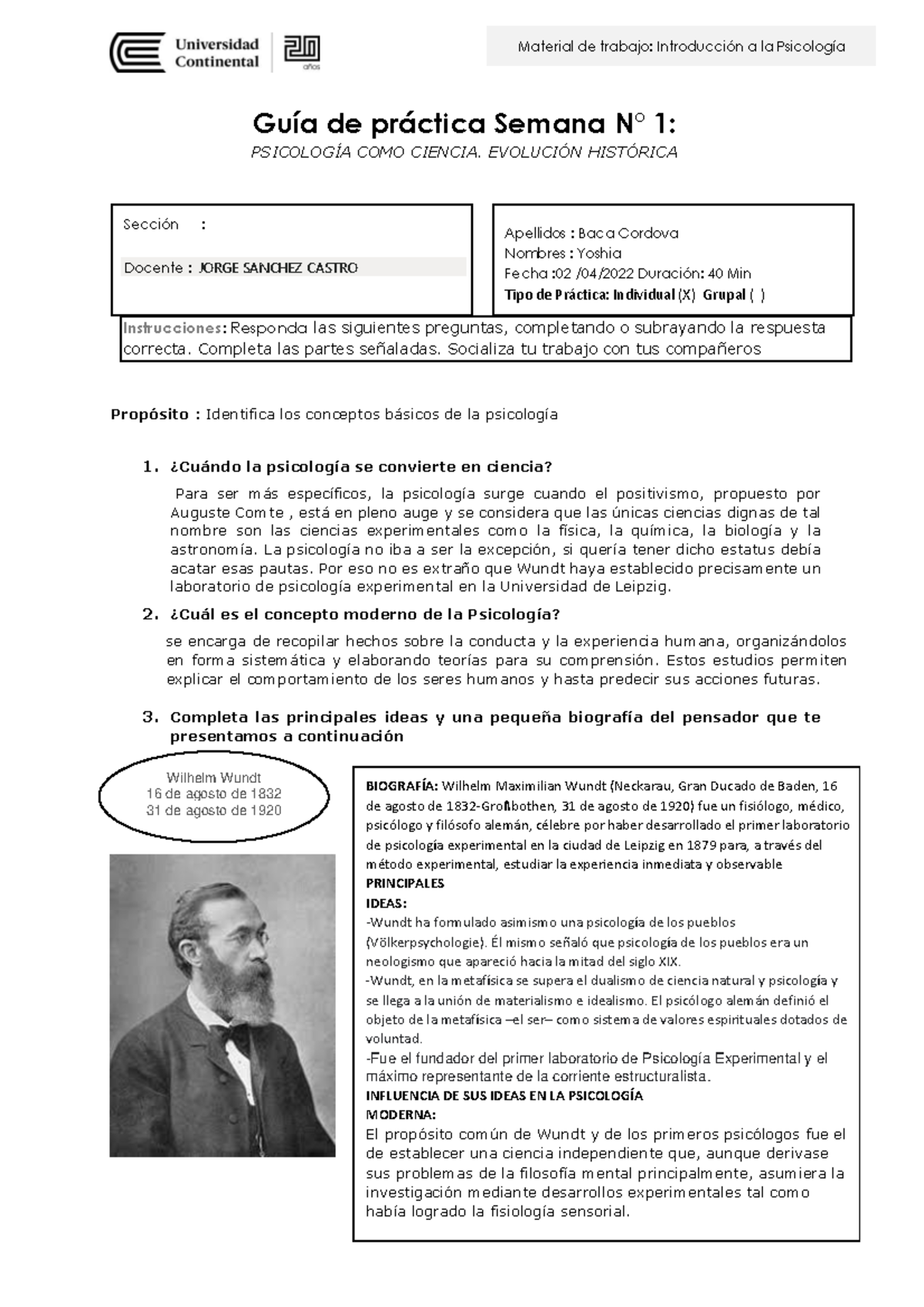 Guía de Trabajo N° 01 PSICOLOGÍA COMO CIENCIA. EVOLUCIÓN HISTÓRICA ...