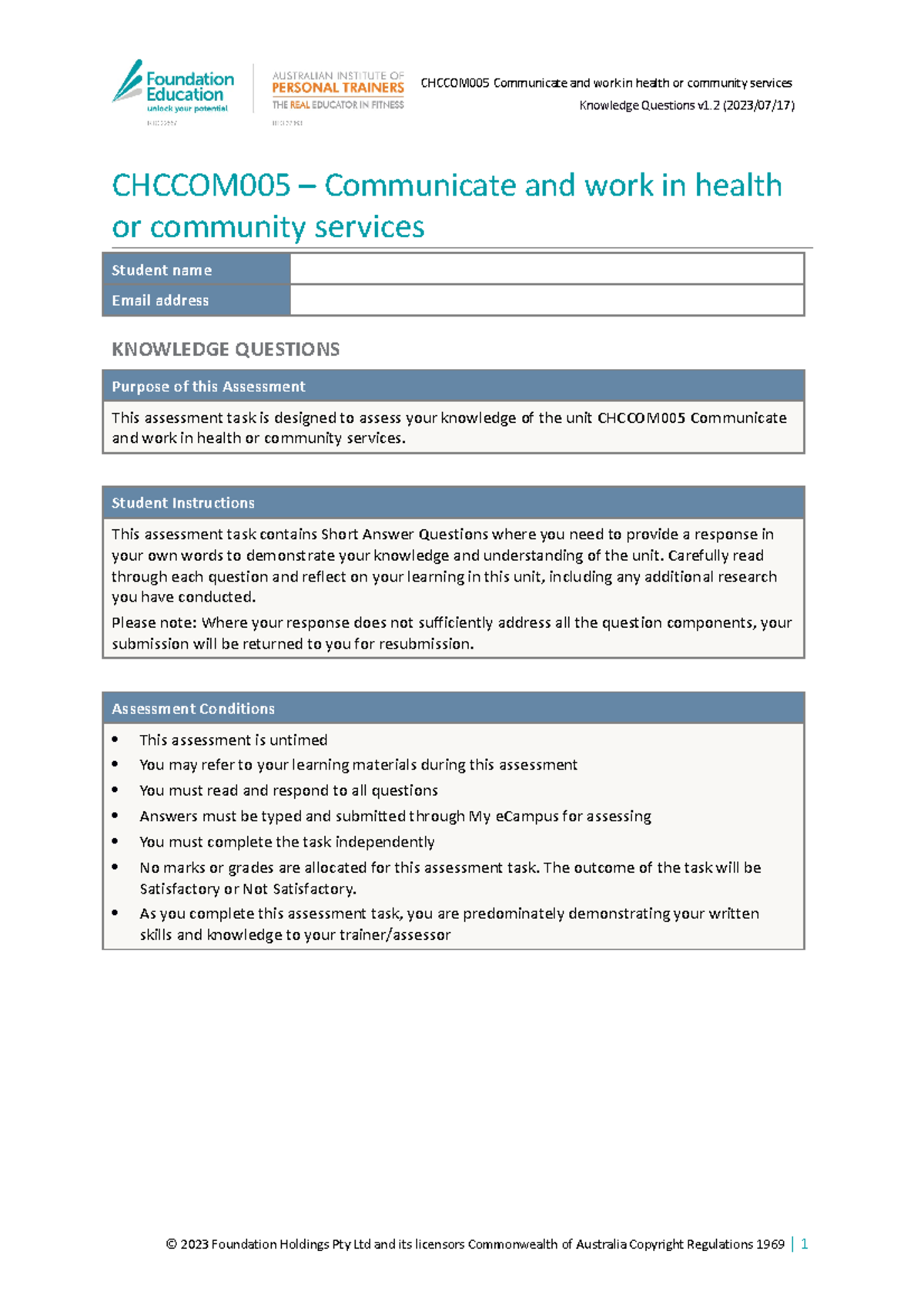 Chccom 005 - Knowledge Questions (CHC D) - Knowledge Questions v1 (2023 ...